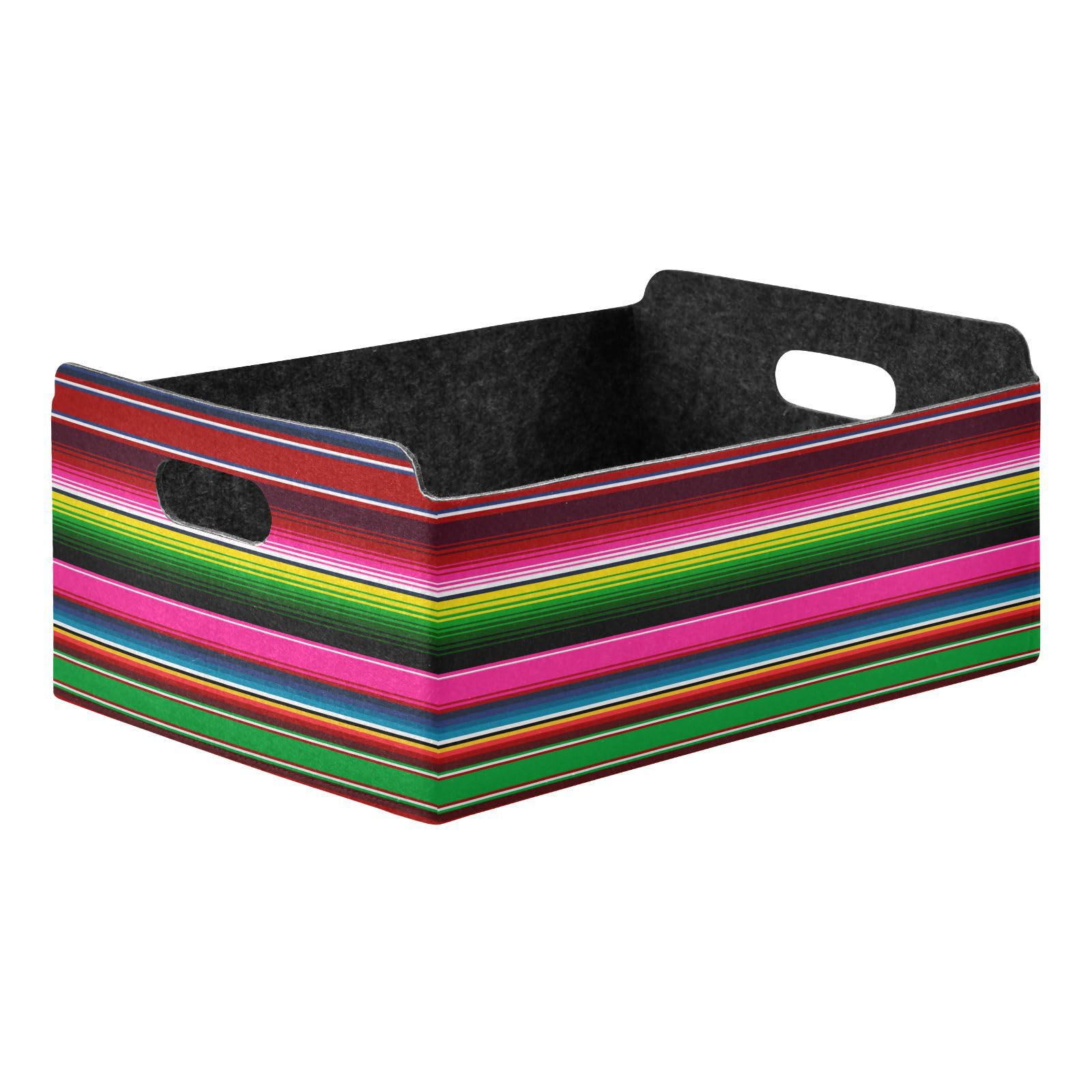 Kigai Mexican Serape Colorful Stripes Storage Basket, Foldable Open Storage Bins with Double Handle, Felt Storage Boxes for Office Desk, Rectangular Closet Organizer Containers for Home Bedroom