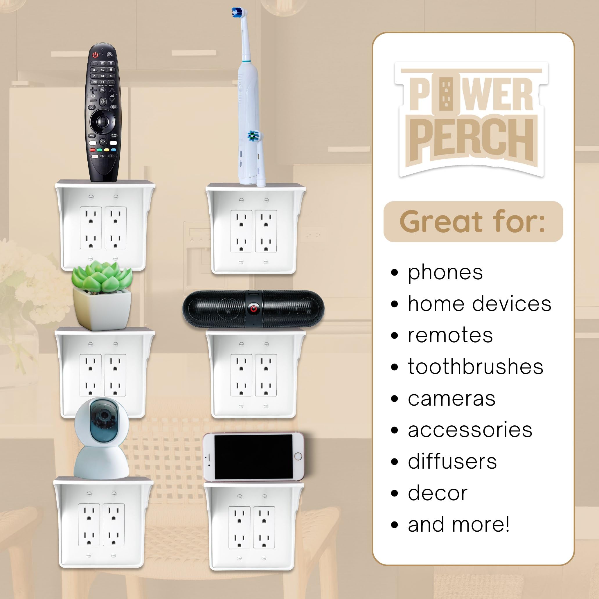 Storage Theory Power Perch Double Outlet Shelf - Convert Your Outlet into Display Shelves - Alexa Speaker Stand, Electric Toothbrush Holder - Light Socket Shelf 2 Pack, White