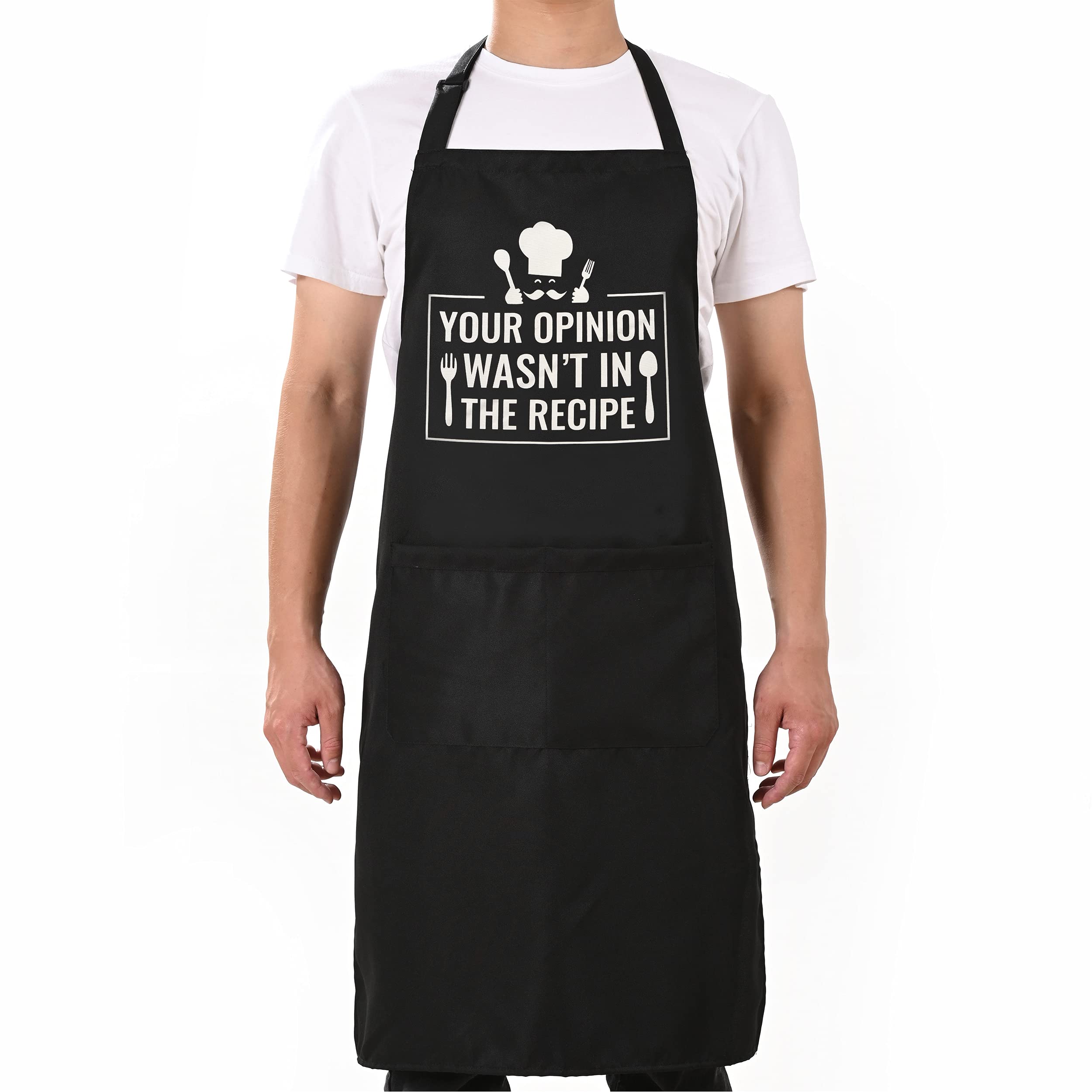 Funny Black Aprons for Men Women with 2 Pockets-Your Opinion Wasnāt in The Recipe, Adjustable Bib,Kitchen Cooking Grilling BBQ Apron,Birthday Gifts for Husband, Dad, Boyfriend, Son, Friends