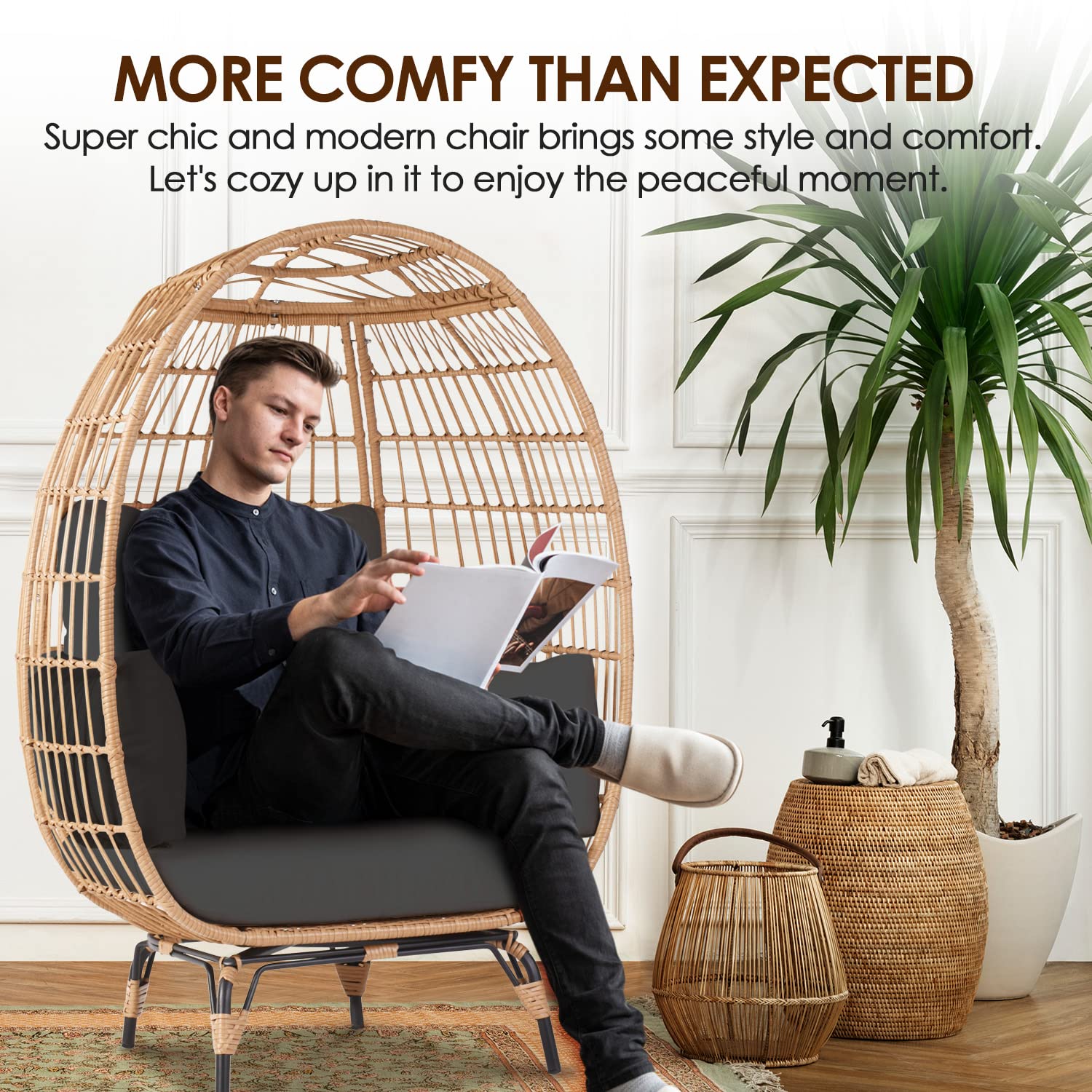 OTSUN Oversized Wicker Egg Chair: Outdoor Indoor Lounger with 4 Cushions, 440lb Capacity, Egg Basket Chair for Living Room, Backyard, Balcony, Patio, Black