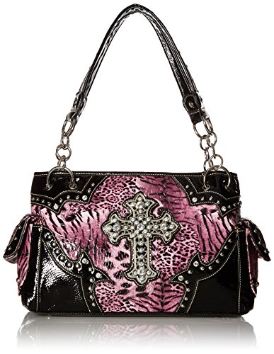 Western Cross Leopard Handbag Rhinestone Pocket Purse With Matching Wallet (PINK)