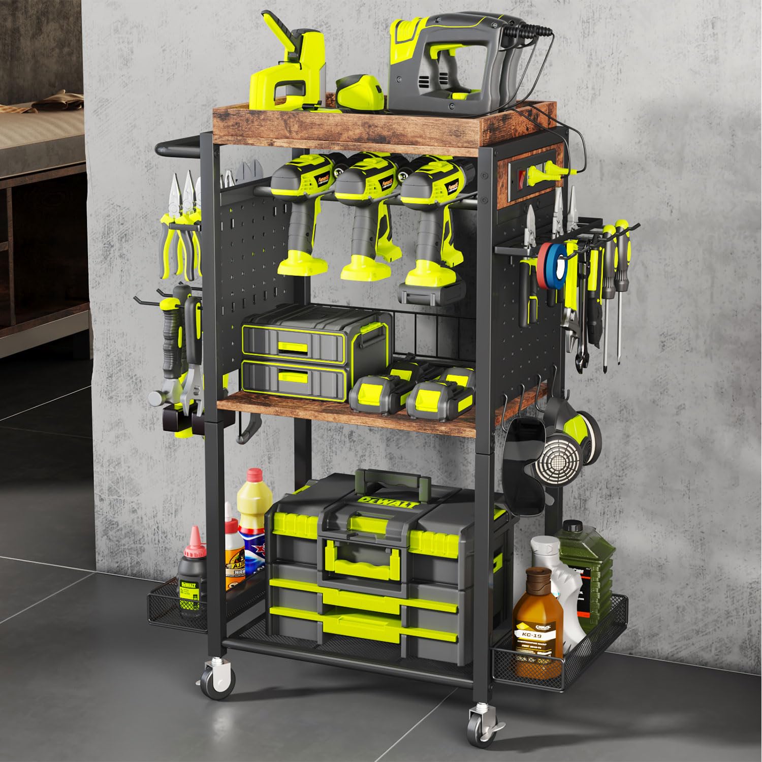 HapiRm Power Tool Organizer Cart - Tool Cart on Wheels with Charging Station, Tool Box Organizer Garage Storage, Tool Storage Drill Holder Cabinet Rack Gift Ideas for Men Dad