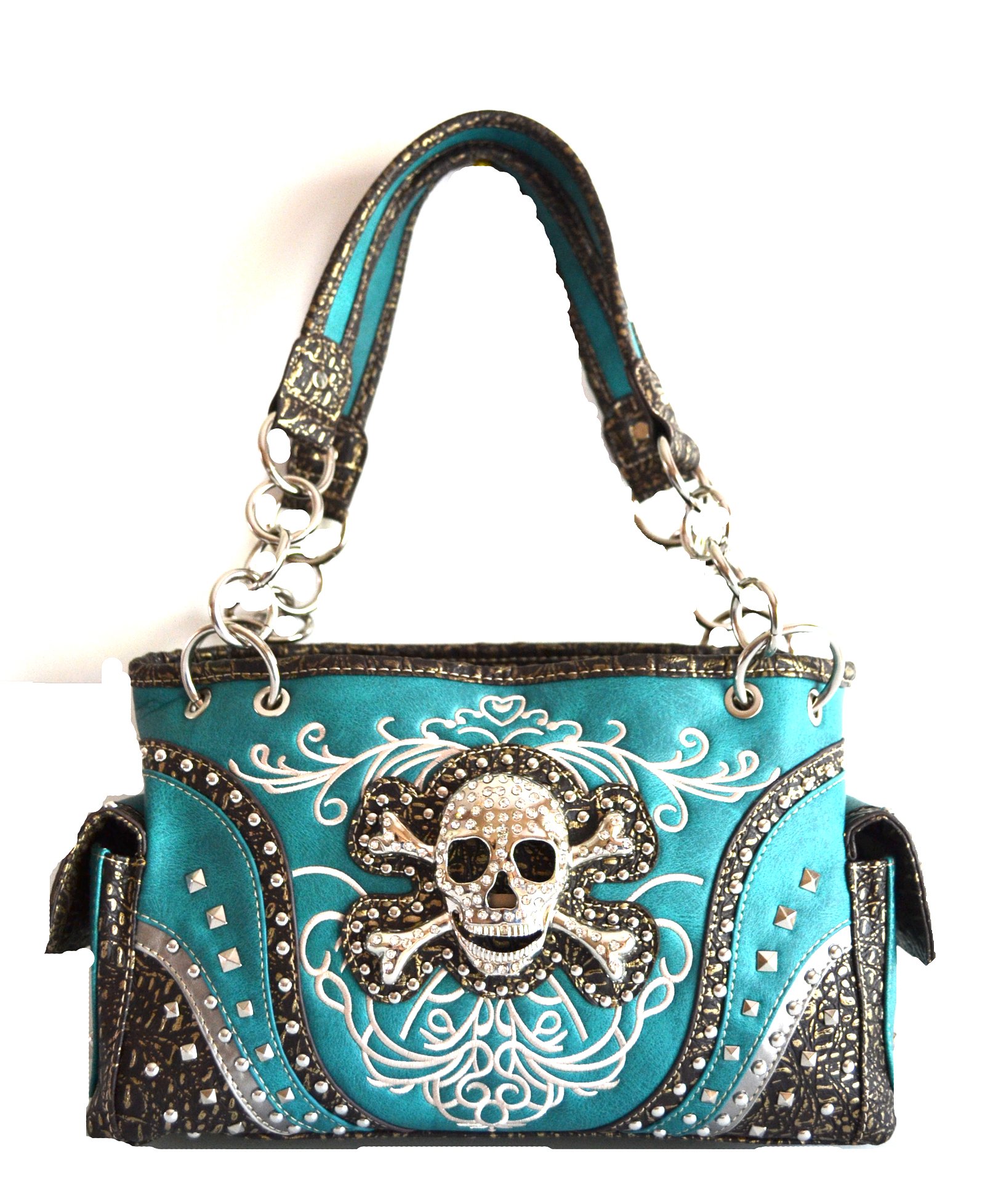 western rhinestone skull concho stitched handbag purse set (blue)