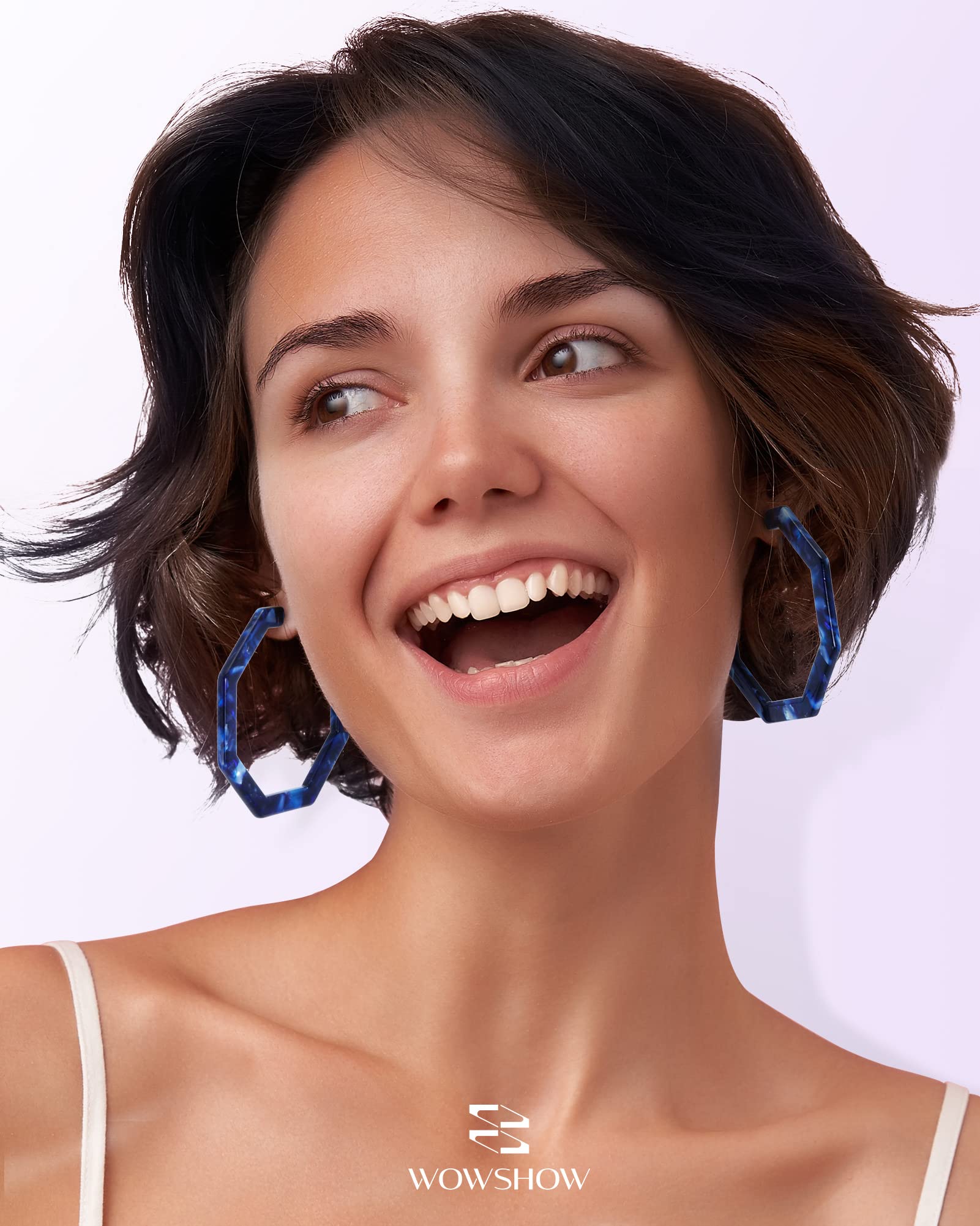 wowshow Acrylic Resin Hoop Earrings for Women Statement Fashion Geometric Octagon Earrings (Blue)