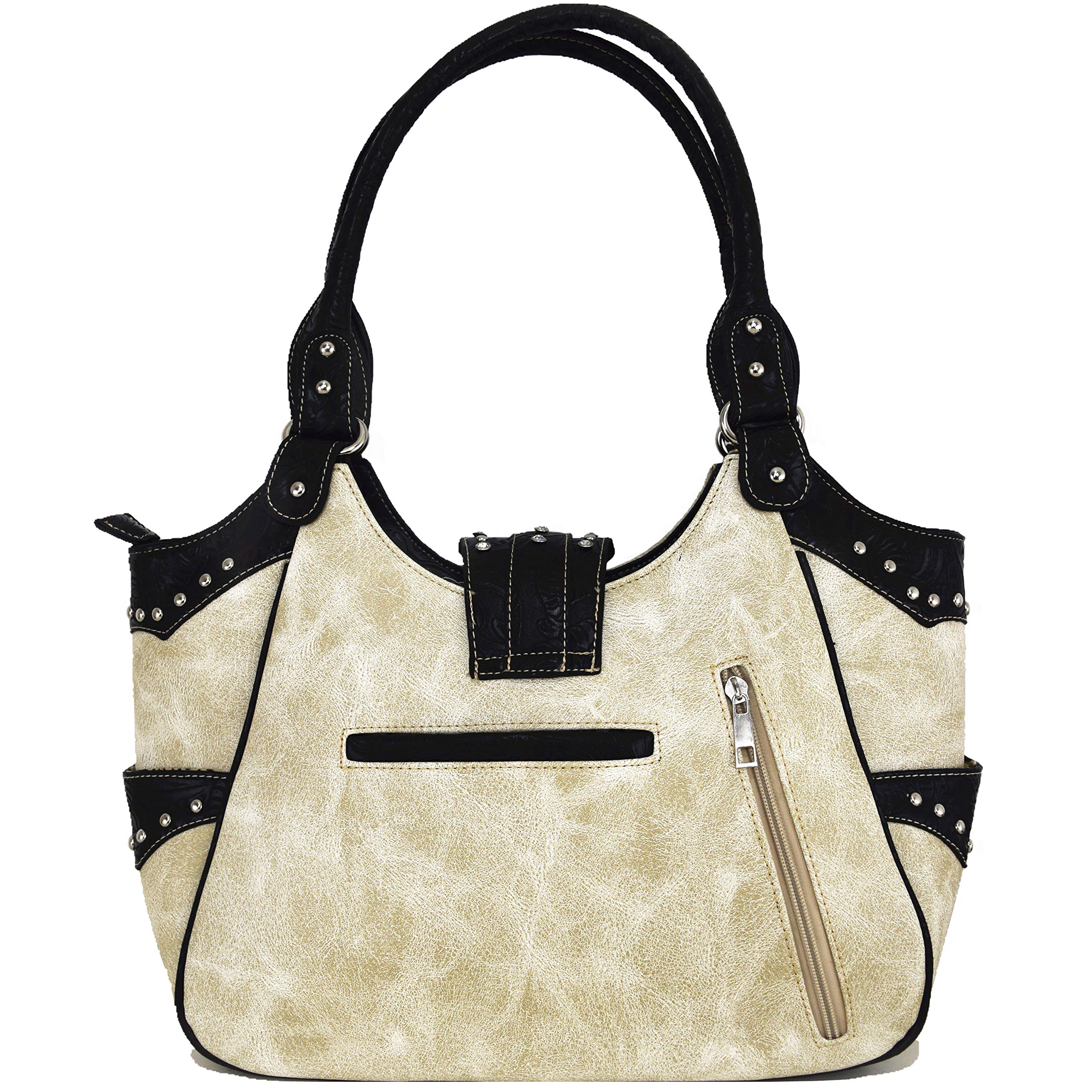 Western Style Tooled Leather Buckle Concealed Carry Purse Country Handbag Women Shoulder Bag Wallet Set (Beige Set)