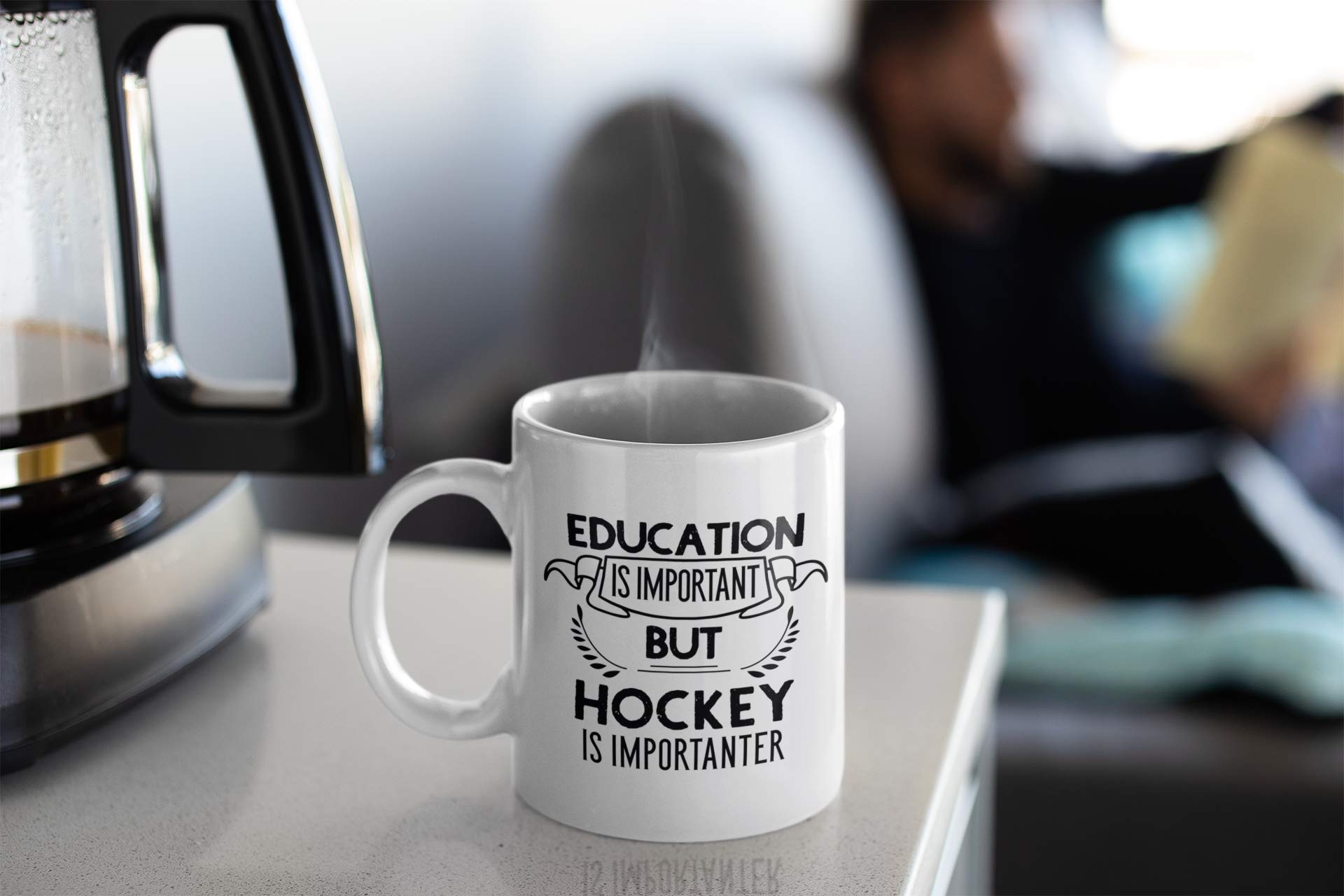 Funny Education Is Important But Hockey Is Importanter 11 oz Coffee Mug. Gift Idea For Players or Sports Fan. (White)