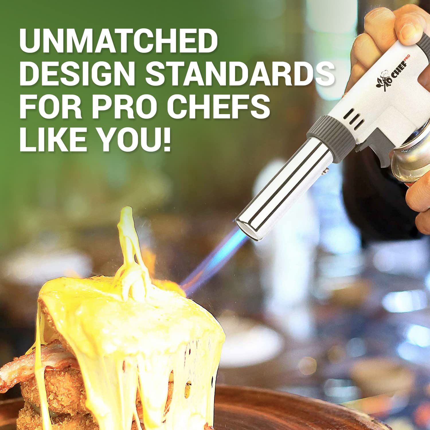 Jo Chef Pro Butane Torch - Refillable Torch Lighter Head, Hand Held Small Kitchen Torch with Adjustable Flame - Culinary Blow Torch, Creme Brulee Torch, Baking, BBQ, Including 2 Butane Canisters