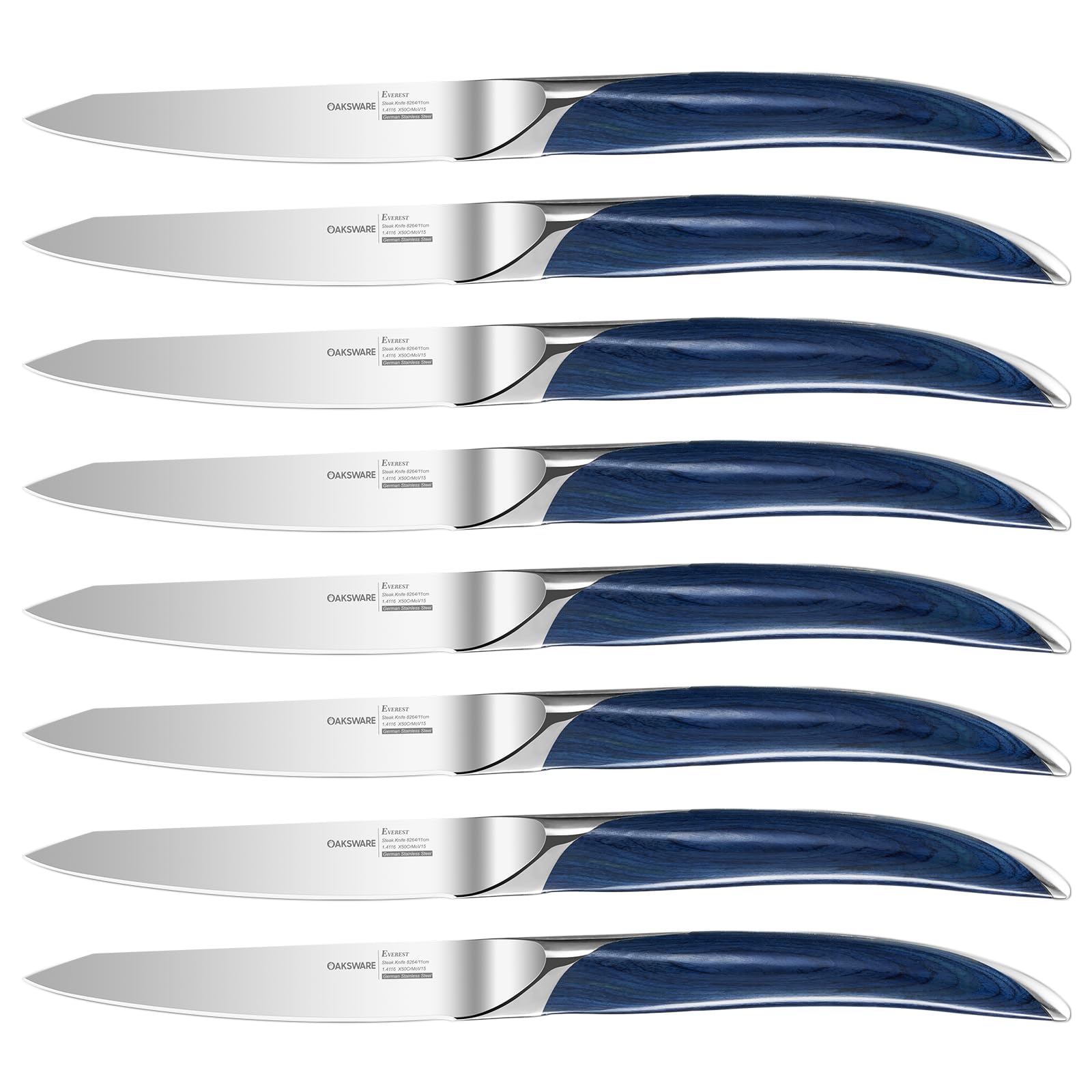 OAKSWARE Non Serrated Steak Knives Set of 8, 5 Inch German High Carbon Steel Steak Knife for Kitchen, Sharp Knives with Full-Tang Ergonomic Handle, Rust Resistant & Easy to Maintain, Blue