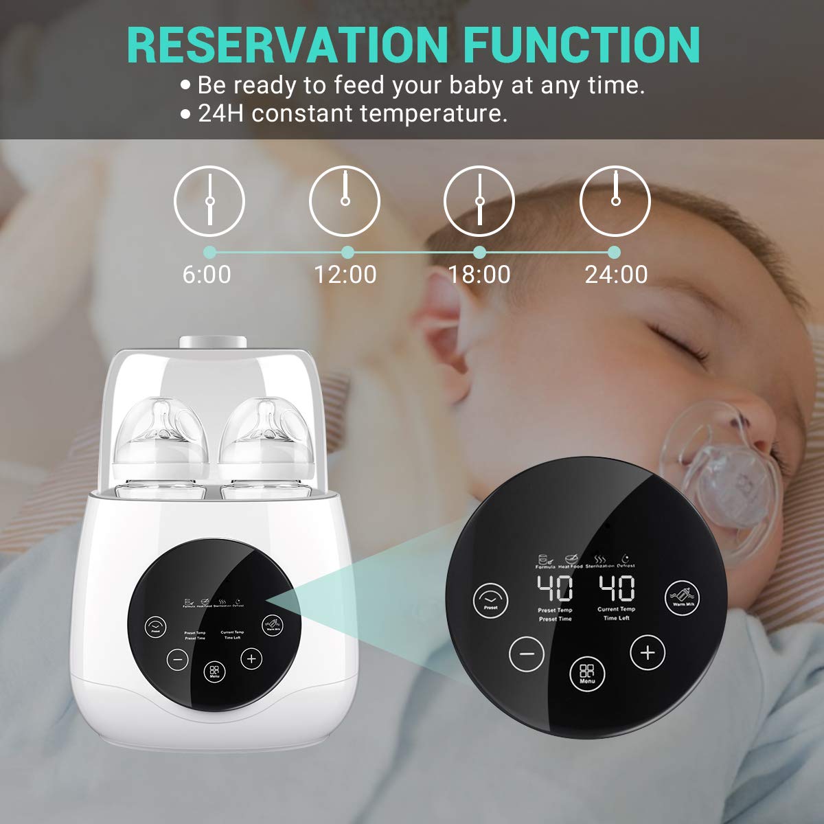 EIVOTOR 6 in 1 Baby Bottle Warmer, Double Bottle Steam Sterilizer Food Heater for Evenly Warm Breast Milk or Formula, LED Panel Control Real-time Display, BPA Free