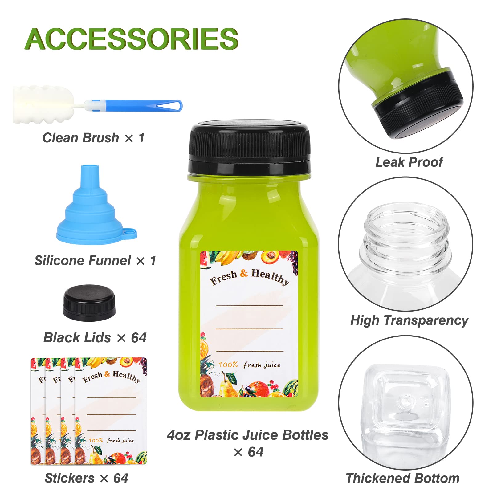 Moretoes 64pcs 4oz Plastic Juice Bottles with Caps, Mini Shot Bottles with Caps, 4 Oz Small Plastic Juice Containers with Lids and Label, Funnel and Brush, Reusable Plastic Bottles for Juicing