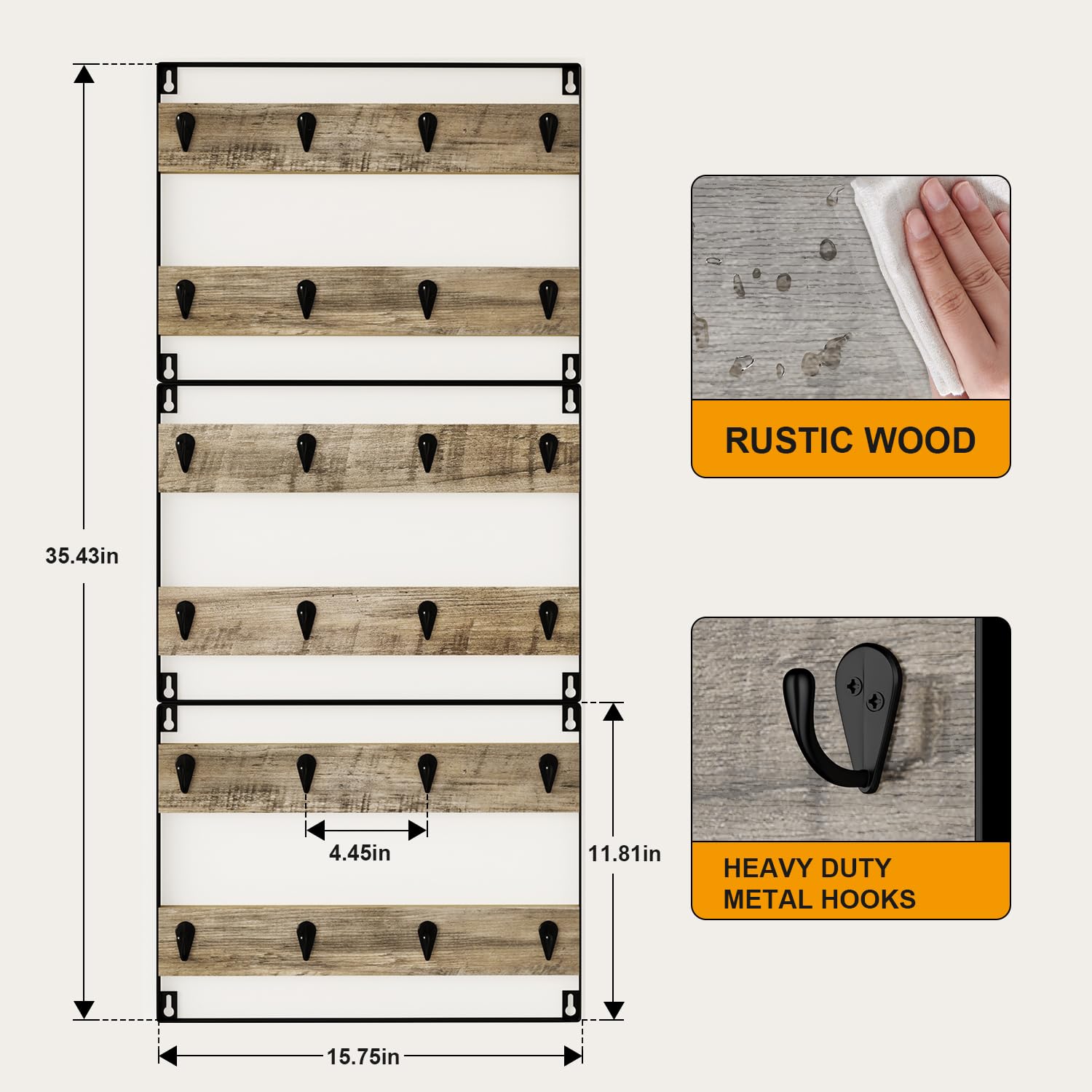 IBUYKE Mug Racks for Wall,Set of 3, 24-Hook Large Mug Rack Wall Mounted, Rustic Wood Coffee Mug Display Organizer for Kitchen, Home,Bar, Coffee Station,Greige UTBJ005Y-3