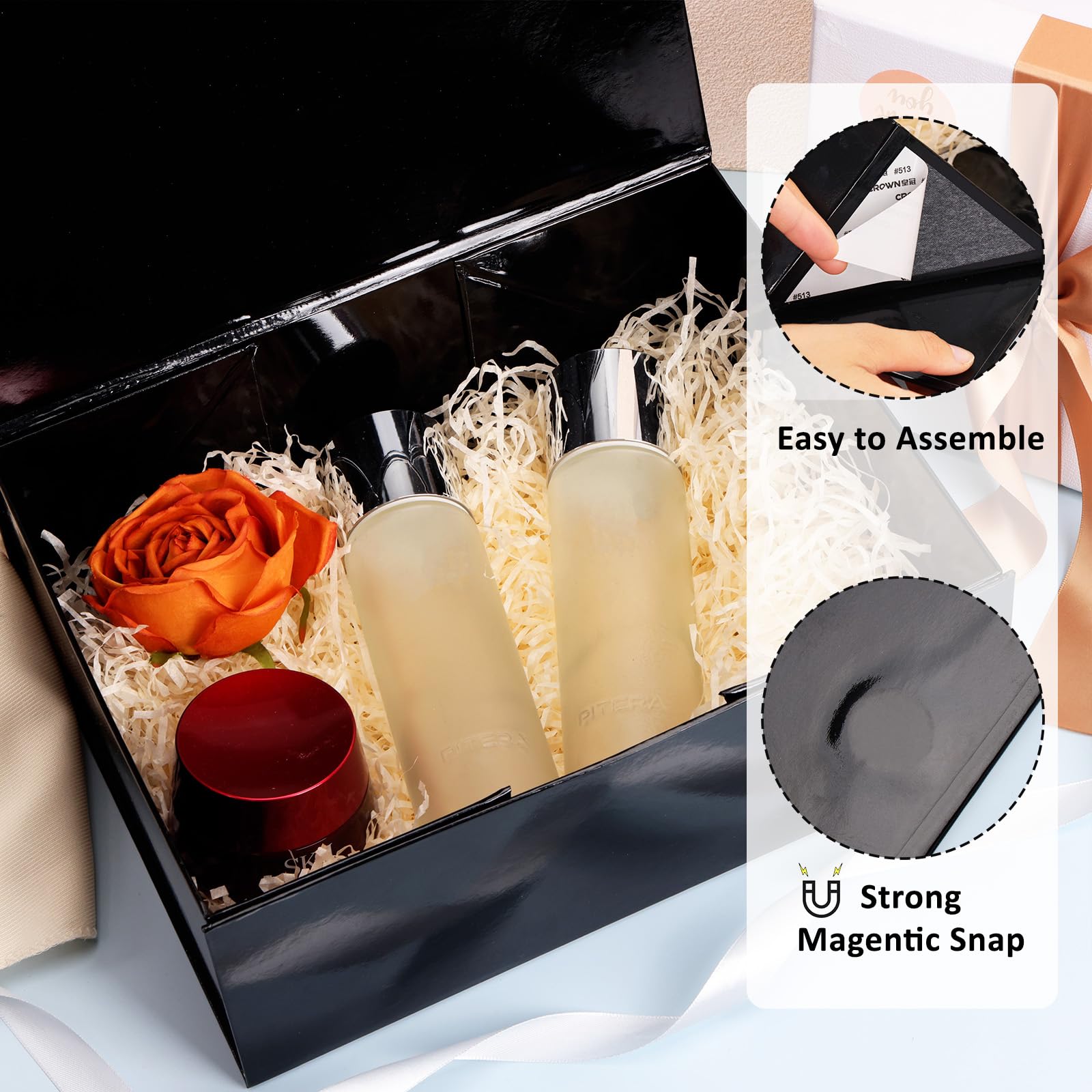 Moretoes Black Gift Box, 3pcs 12 x 9 x 4.3 Inches Gift Boxes with Magnetic Lid and Ribbons, Large Collapsible Gift Box