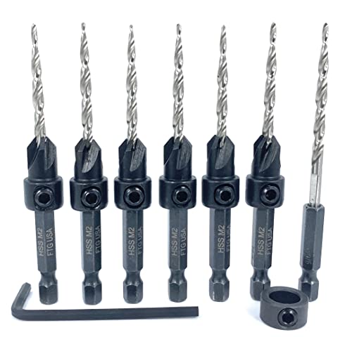 FTG USA Countersink Drill Bit Set 6 Pc #6 (9/64") Wood Countersink Drill Bit, Pro Pack Countersink Bit, 1 Extra Tapered Drill Bit for Countersink, 1 Stop Collar, 1 Hex Wrench