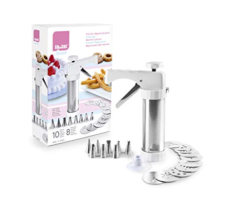 Ibili Cookie Press Gun, 18/10 INOX Stainless Steel Cookie Press for Baking, Dishwasher Safe, Includes 10 Variated Discs and 8 Interchangeable Nozzles - Made in Spain