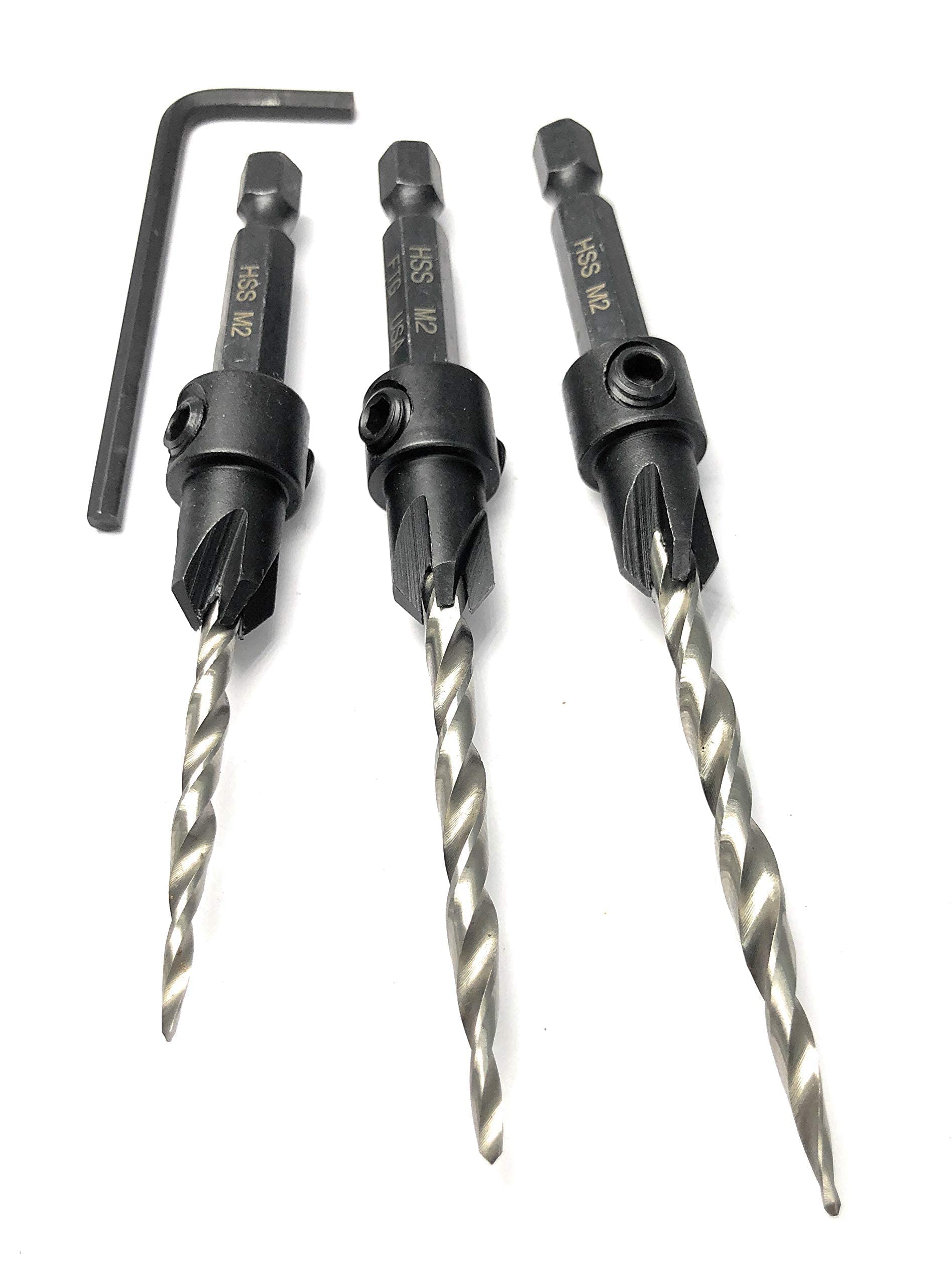 FTG USA Wood Countersink Drill Bit Set #6#8#10 Set Countersink HSS M2 Tapered Drill Bits, Quick Change 1/4 inch Hex Shank Countersink Bit, 1 Allen Wrench, and 6 Storage Containers for Countersinks