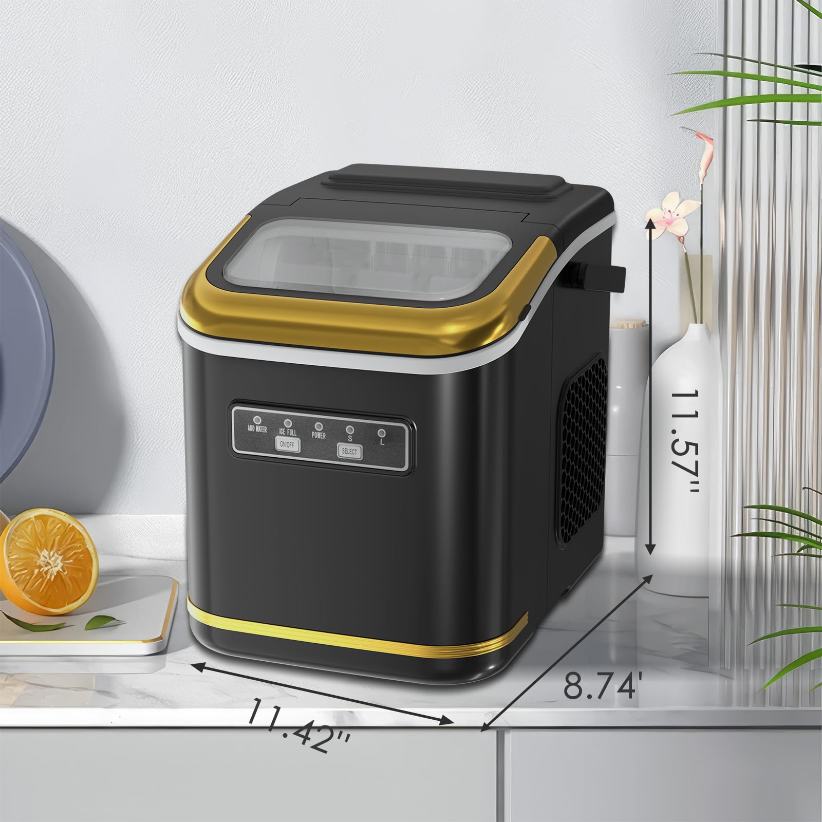 Ice Maker Countertop ZAFRO, Self-Cleaning Ice Machine with Ice Scoop and Basket, 26.5lbs/24h, 2 Sizes of Bullet Ice Cube, Black-Gold, Ideal for Home, Kitchen, Party, Dormitory.