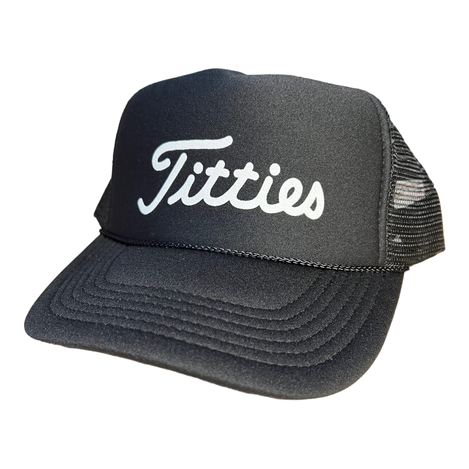 FUNNY TRUCKER HATS,Titties Snapback Trucker Hat for Men or Women,Vintage Fit with Funny Novelty Graphic,Custom Mesh Cap Golf Golfing Hat(Black/White),Medium-X-Large