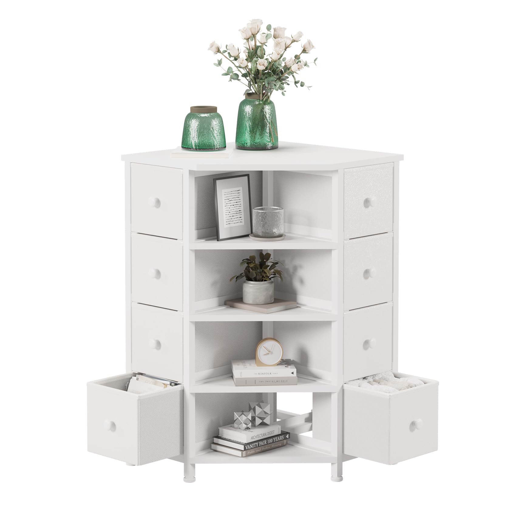 LUMTOK 8 Drawers Corner Dresser with Storage Fabric Drawers and Open Shelves for Small Space,Bedroom,Entryway,Living Room(White)