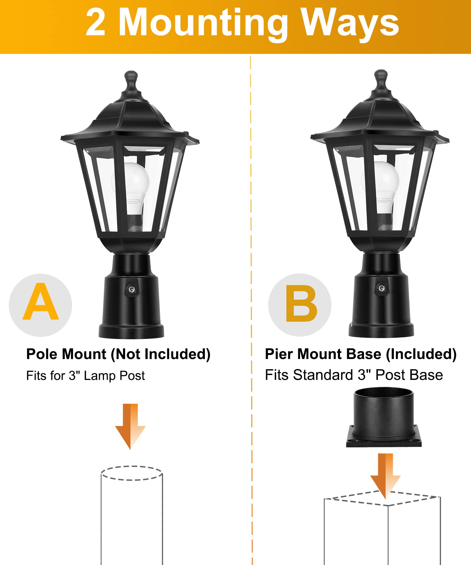 FUDESY Dusk to Dawn Sensor Outdoor Post Light, Waterproof Pole Lantern with Pier Mount Base, Exterior Plastic Lamp Light Fixture, for Garden, Patio, Pathway, FDS6163B1PS, Black, LED Bulb Included