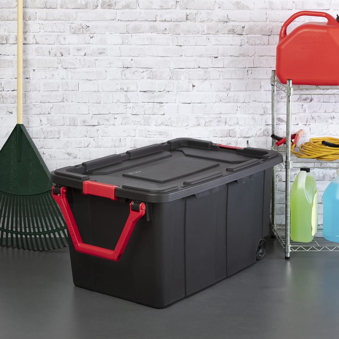 Plastic 40 Gallon Lidded Home Storage Bins, Durable Stackable Industrial Storage Containers Tote, Organizing Tote Tub Box with Wheeled, Moving Boxes, for Basement, Attic, Garage, Set of 2, Black