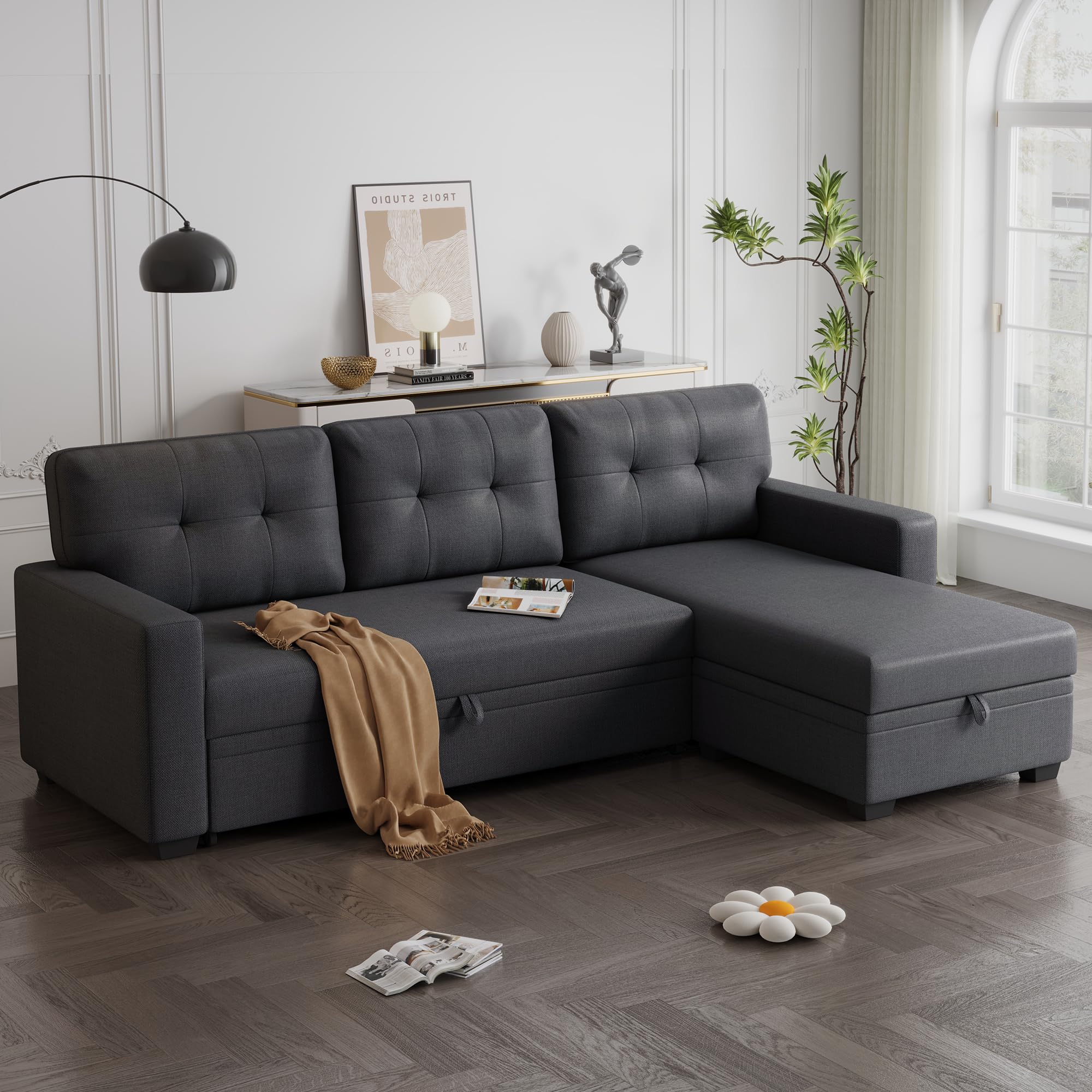 Jintop 82" L-Shape Convertible Sleeper Sectional Sofa with Storage Chaise and Pull-Out Bed,Upholstered Reversible Corner 3 Seater Couch with Button Tufted Backrest & Armrest,for Living Room,Dark Gray