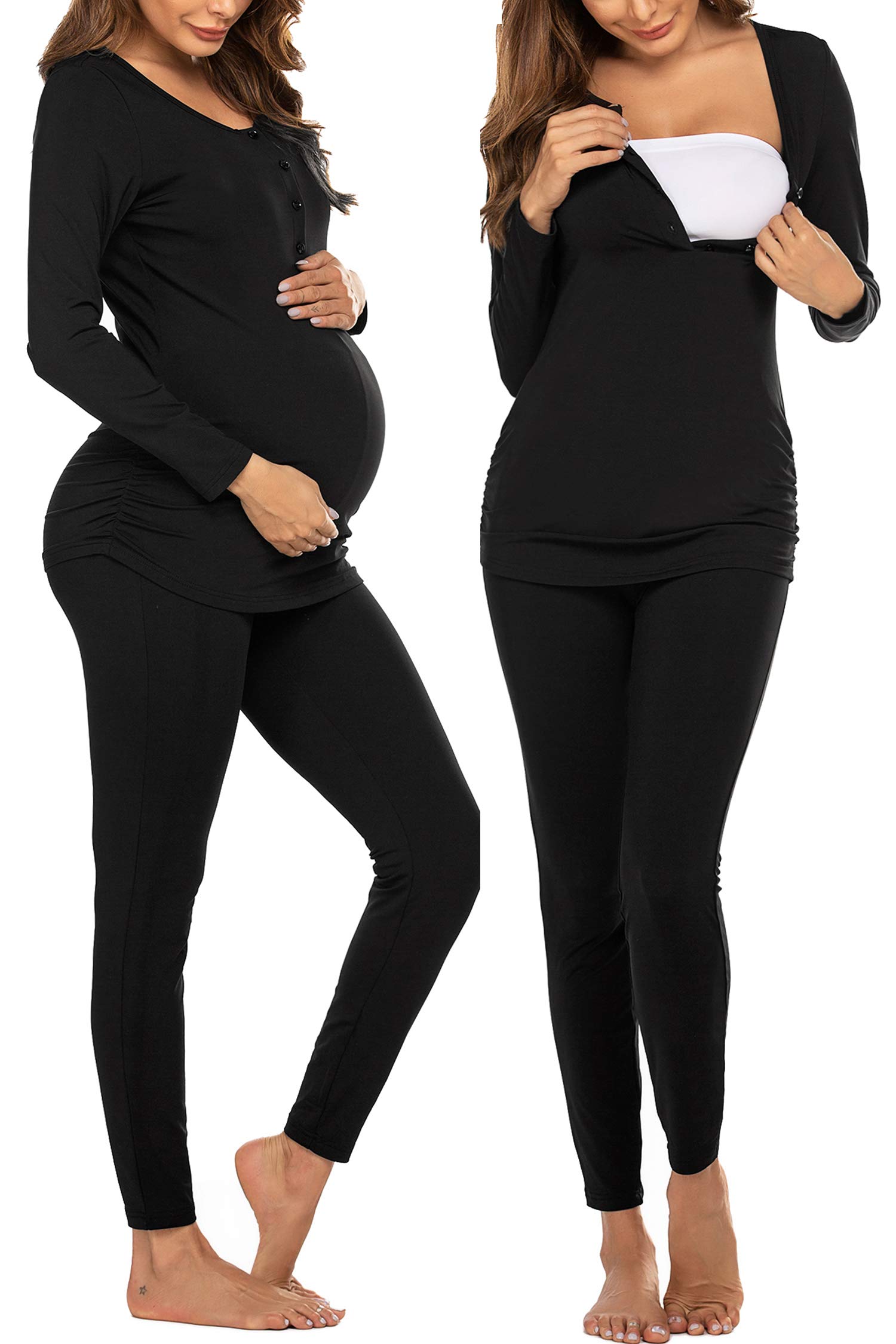 Ekouaer Thermal Underwear for Women Knit Thermals Women's Base Layer Long John Set Black L