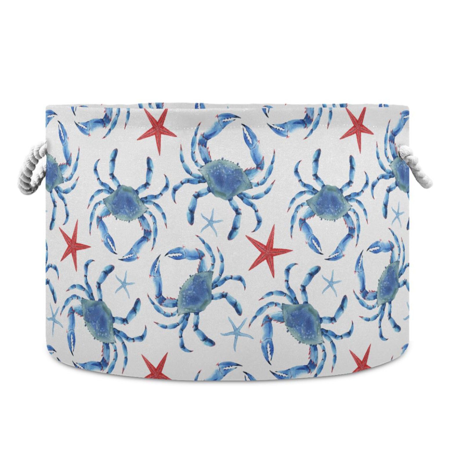 Krafig Watercolor Crabs Starfish Round Collapsible Storage Basket, Large Toy Storage, Laundry Baskets, Open Home Storage Bins for Toy Organizer, Home Decor, Clothes, Toys