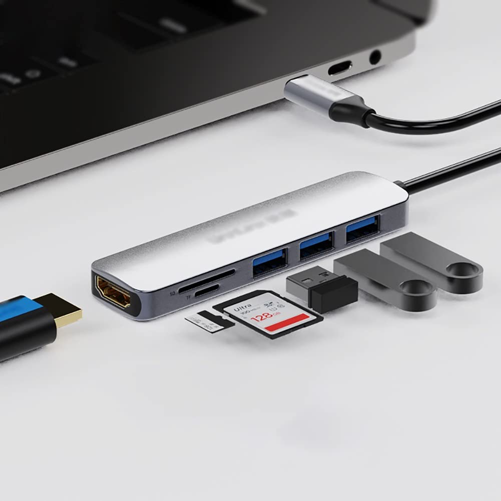 Hub Dock Adapter USB C Hub Adapter USB-C Laptop Docking Station 6 in 1 with 1080P HDMI, 3 USB 3.0 Ports, SD/TF Card Reader USB-C Splitter Computer Accessories