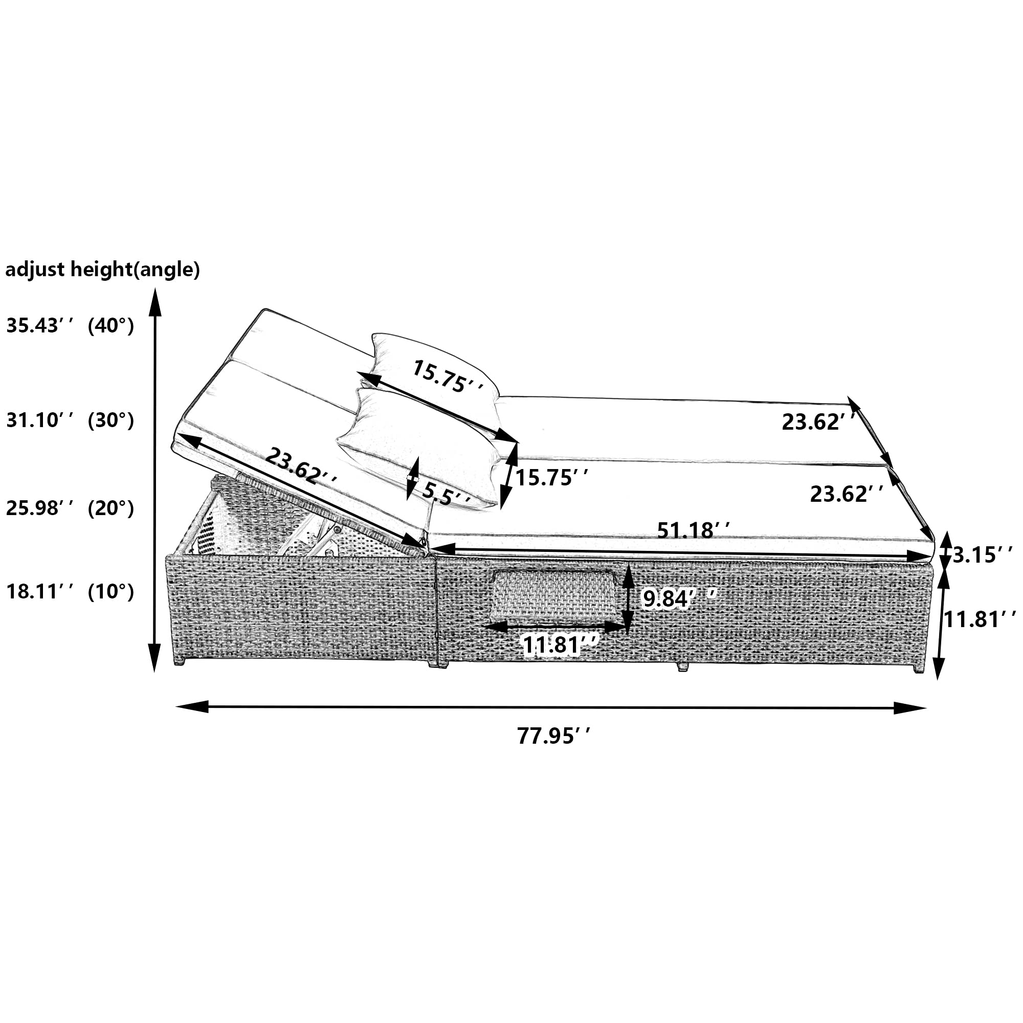 Outdoor PE Rattan Daybed Double Reclining Chairs with Adjustable Backrest and Cup Tray, All Weather Patio Sunbed Lounge Chair Conversations Sofa with Thick Cushions and Pillows for 2 Person (Gray-D)