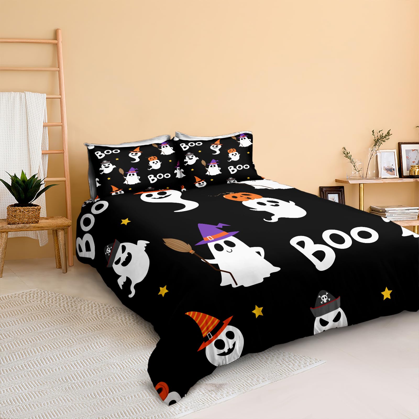 MOVE OVER Pumpkin Bedding Set Queen Size Halloween Duvet Cover Set 3 Pcs Pumpkin Lantern and Cute Bats Witch Hats Printed Kids Halloween Bedding Set(Queen, Black)