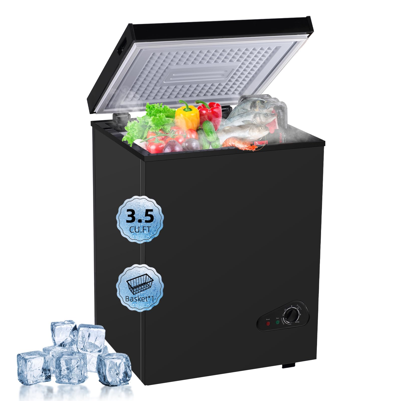 Geekman Chest Freezer 3.5 Cubic Feet Capacity with Removable Basket, Defrost Water Drain, 6 Level Adjustable Temperature, Energy Saving, and Top-Open Door for home, bar, office (Black)