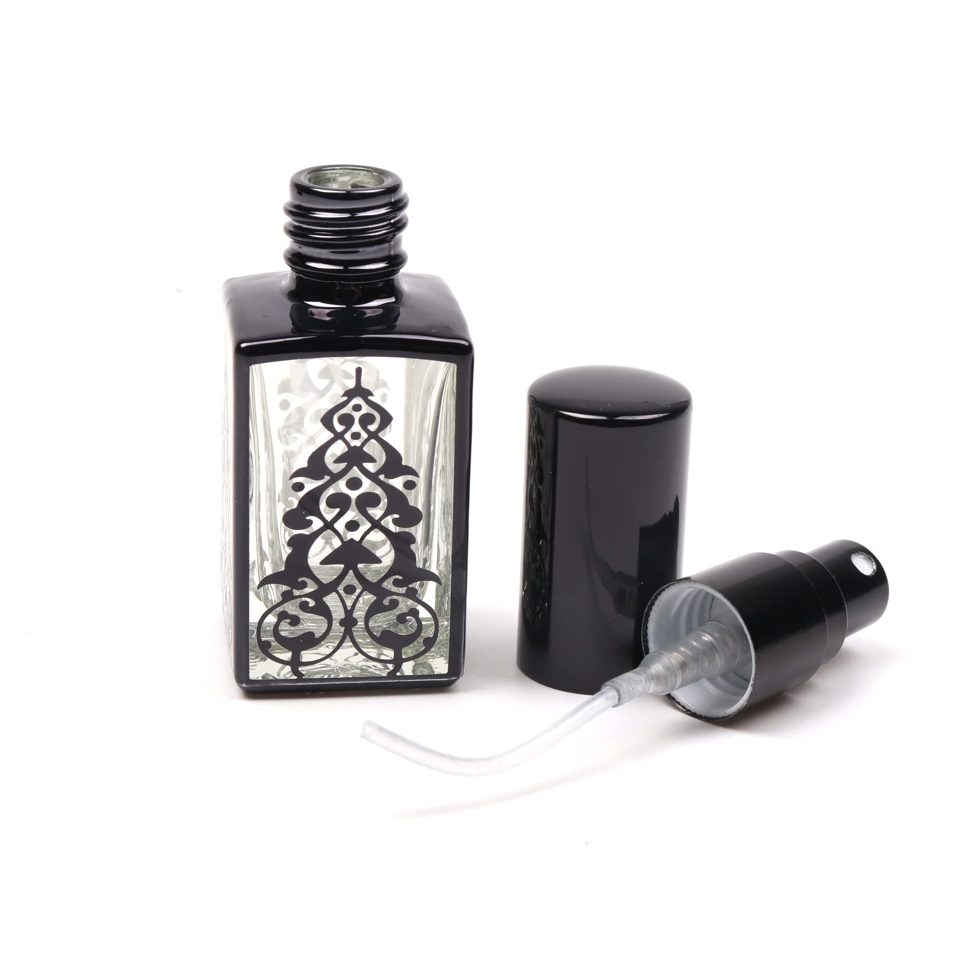 HUGE FUN 10ml Travel Perfume Bottle Refillable Atomizer with Islamic Decor Pattern, Portable Mini Travel Size Spray Bottle Travel Essential for Women (10ML/0.34OZ, Black Christmas Tree)