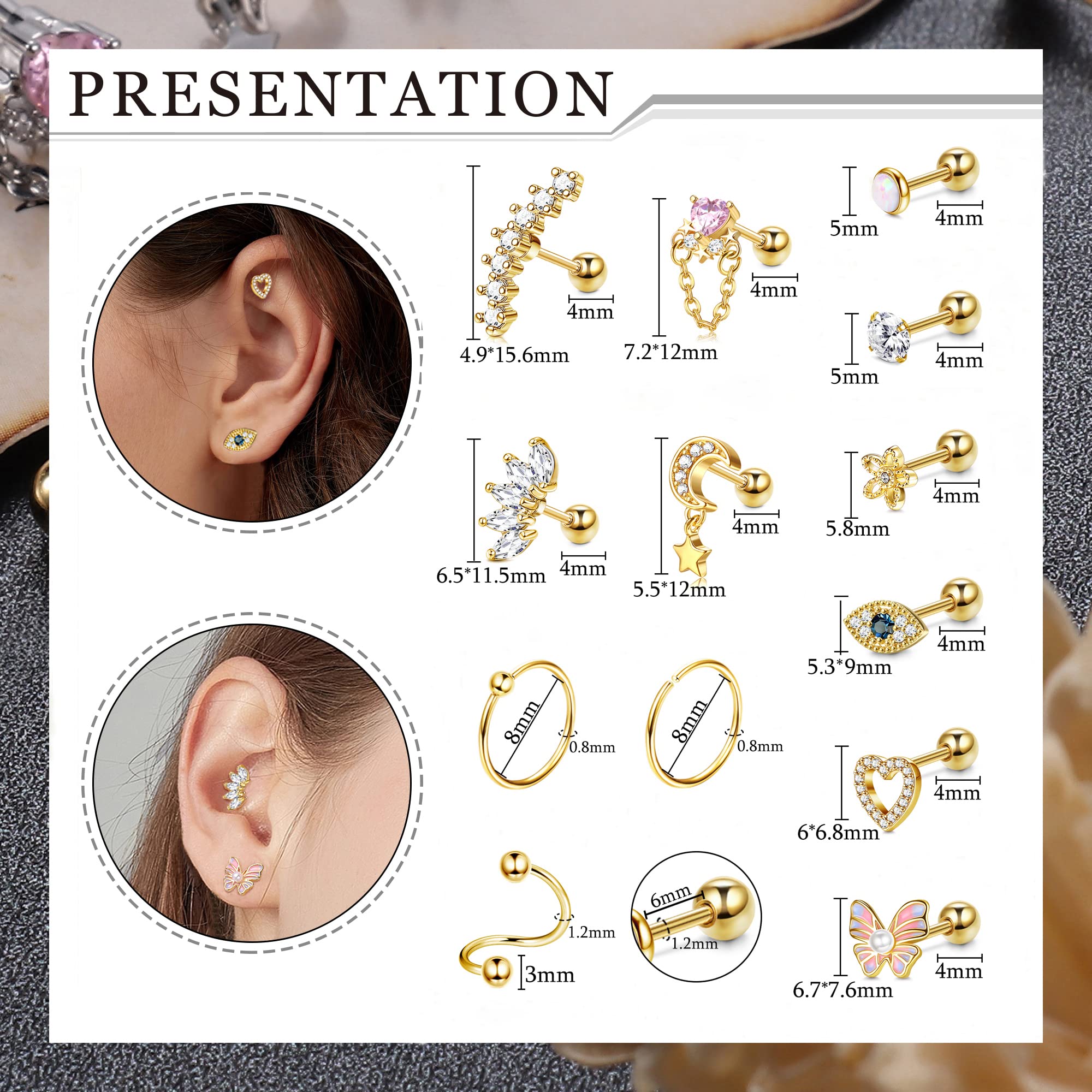 FUNRUN JEWELRY 16G Cartilage Earrings Stud Hoop for Women Stainless Steel Earrings Set Hypollergenic Helix Tragus Daith Forward Conch Piercing Jewelry(Gold)