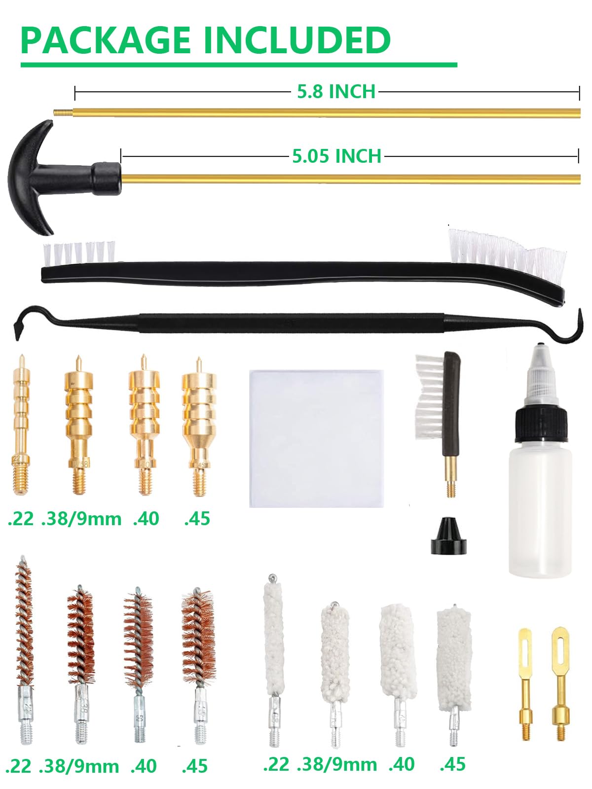 Funryer Universal Gun Cleaning Kit Pistol 9mm .38 .22 .40 .45 Caliber for Handgun Hunting Shooting with Bronze Bore Brush & Brass Jag Oil Bottle