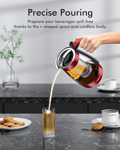 Electric Glass Tea Kettle with Infuser, 1.7L Fast Boiling, Stainless Steel, Temperature Control Tea Maker, BPA Free - Easy Lid Removal & Keep Warm Feature, Red