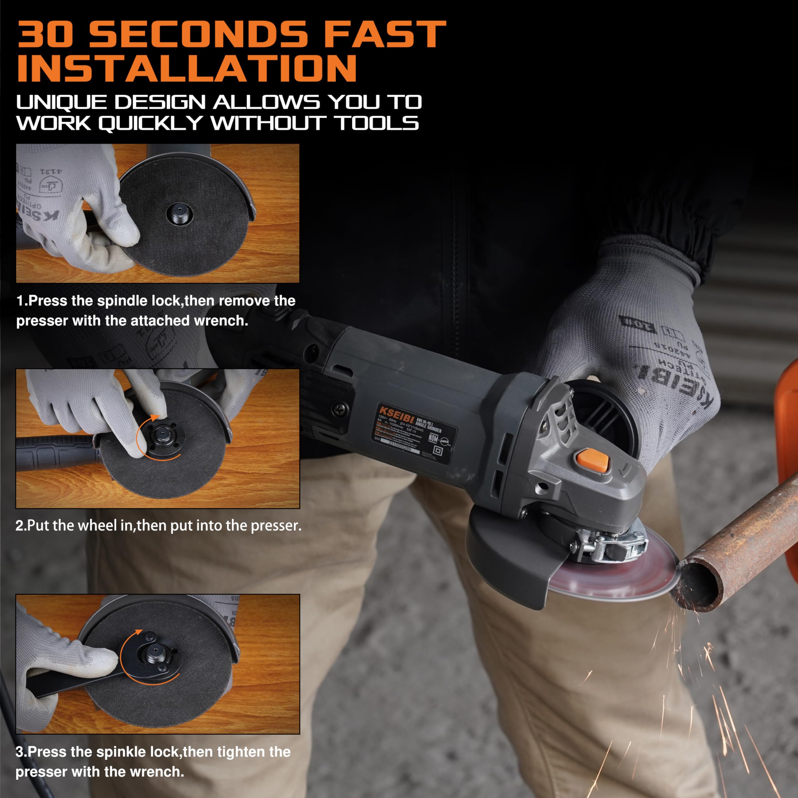 KSEIBI 711943K Angle Grinder Tool - 4 1/2 inch, 950W, 8Amps, 11000RPM, Corded Power Tools Long Handle with 7/8" Arbor Grinding and Cutting Wheels, Flap Disc, Quick Adjustable Guard, and Storage Bag