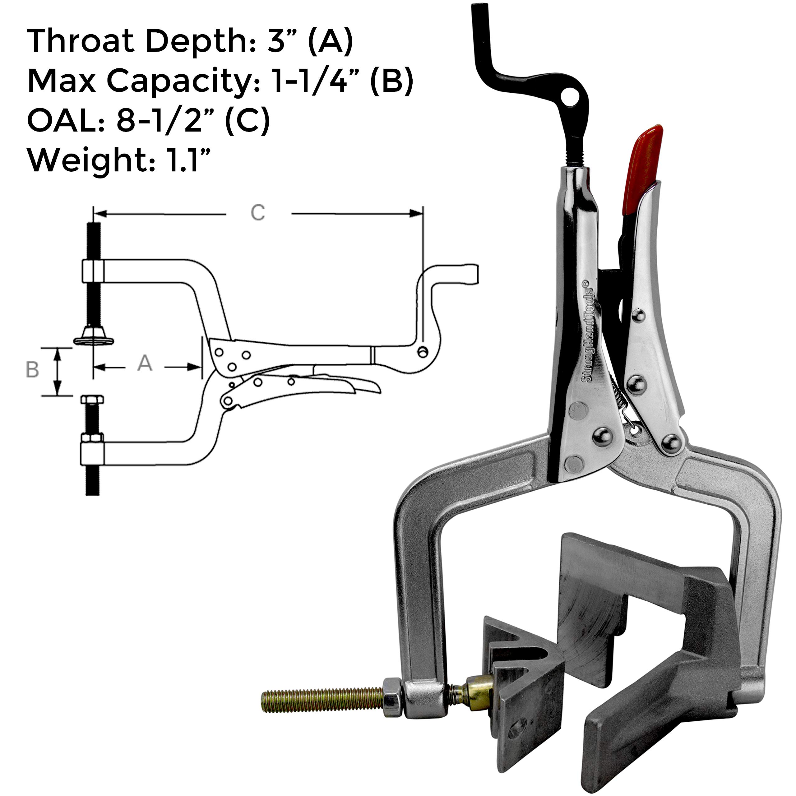 JointMaster, 90 Degree, Angle Clamping Tool, Throat Depth: 3", Max Capacity: 1-1/4", OAL: 8-1/2", Single Hand T-Joint Clamp Tool, PL634, Strong Hand Tools & Magnetic V-Pads Kit