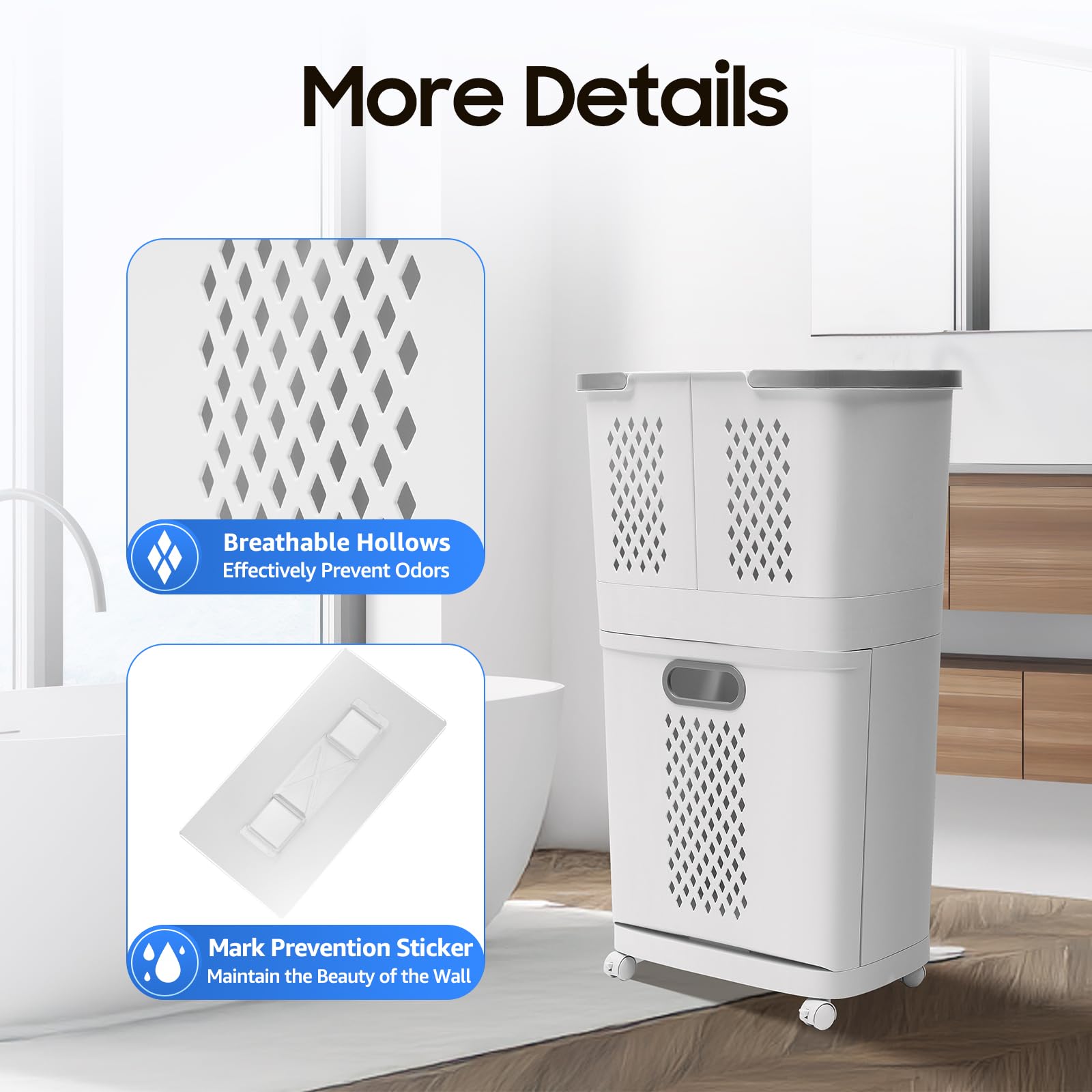 Removable Laundry Basket, Floor-Standing Tiered Laundry Basket with Wheels, Stackable Laundry Basket System for Bathroom Bedroom Balcony Laundry Room Organization, 17.32 * 12.2 * 29.13inch
