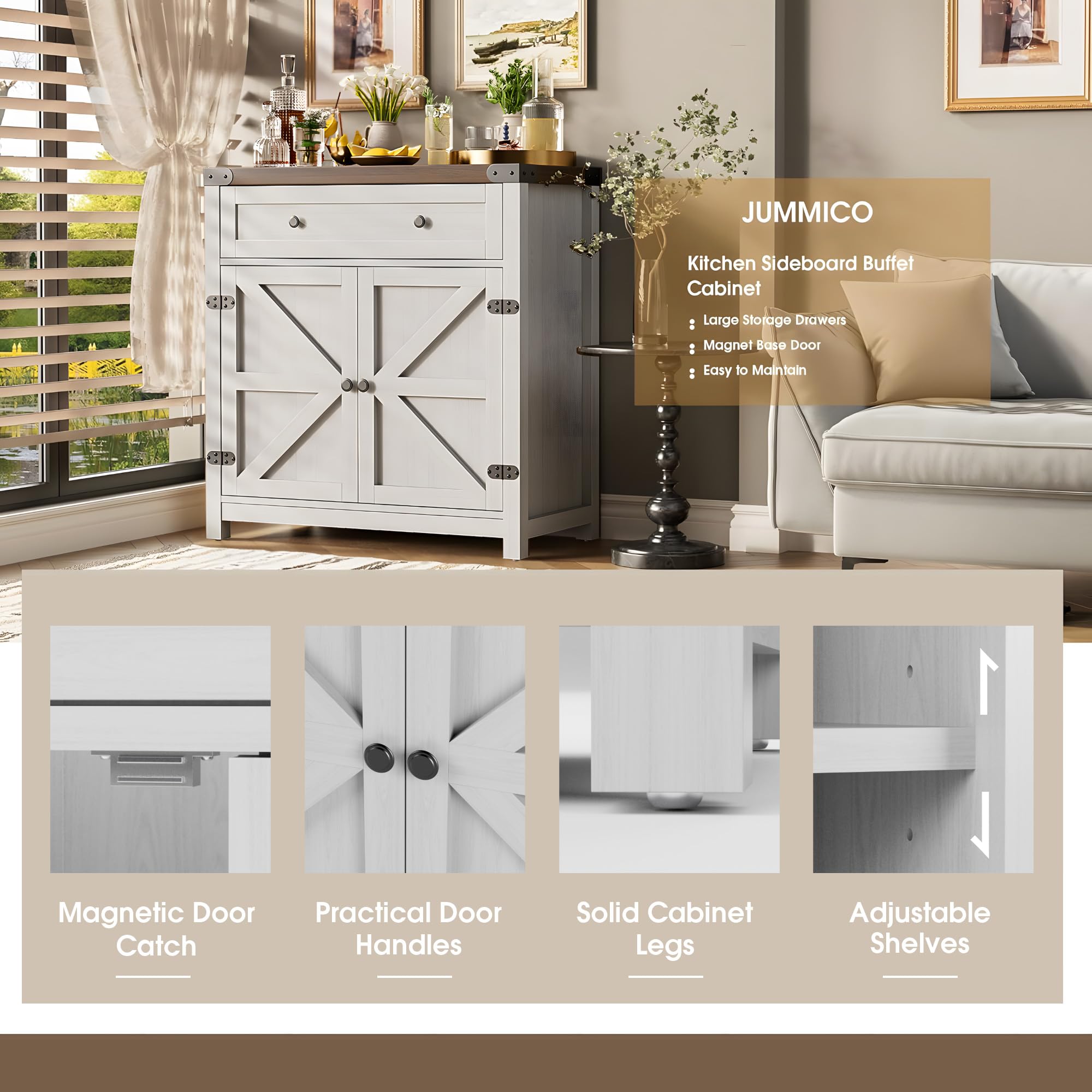 JUMMICO Coffee Bar Cabinet Farmhouse Kitchen Sideboard Buffet Cabinet with Drawer and Adjustable Shelf Barn Door Storage Cabinet for Kitchen, Dining Room, Bathroom, Entryway(White)