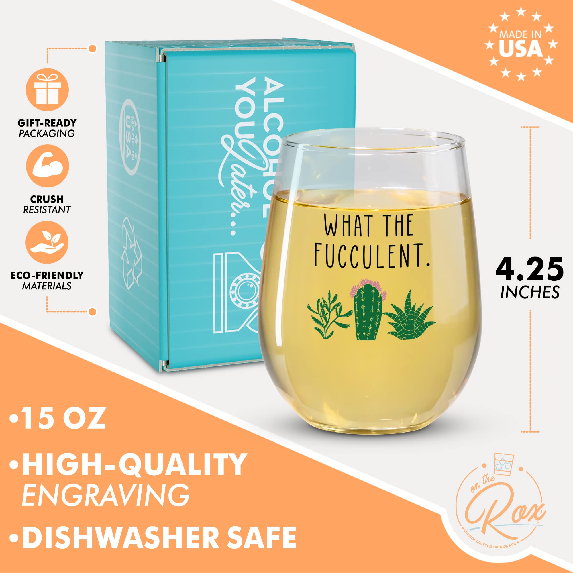 Funny Wine Glass Gift- 17 Oz Stemless Wine Glass (What The Fucculent)
