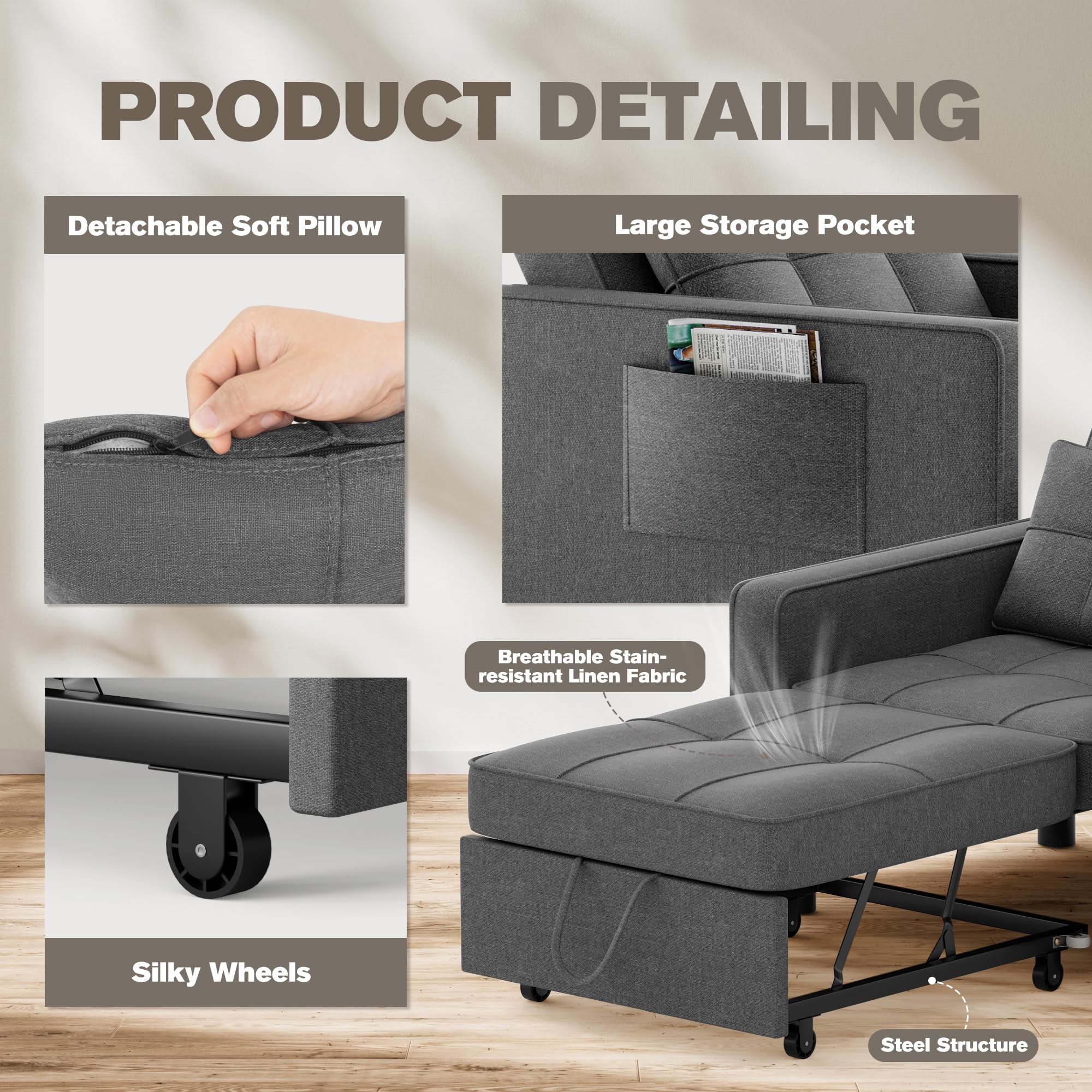 JUMMICO Sleeper Chair, 3-in-1 Convertible Sleeper Sofa Bed for Adults, Linen Fabric Pull Out Chair Bed with Adjustable Backrest, for Living Room, Apartment, Office, Small Space (Dark Gray)