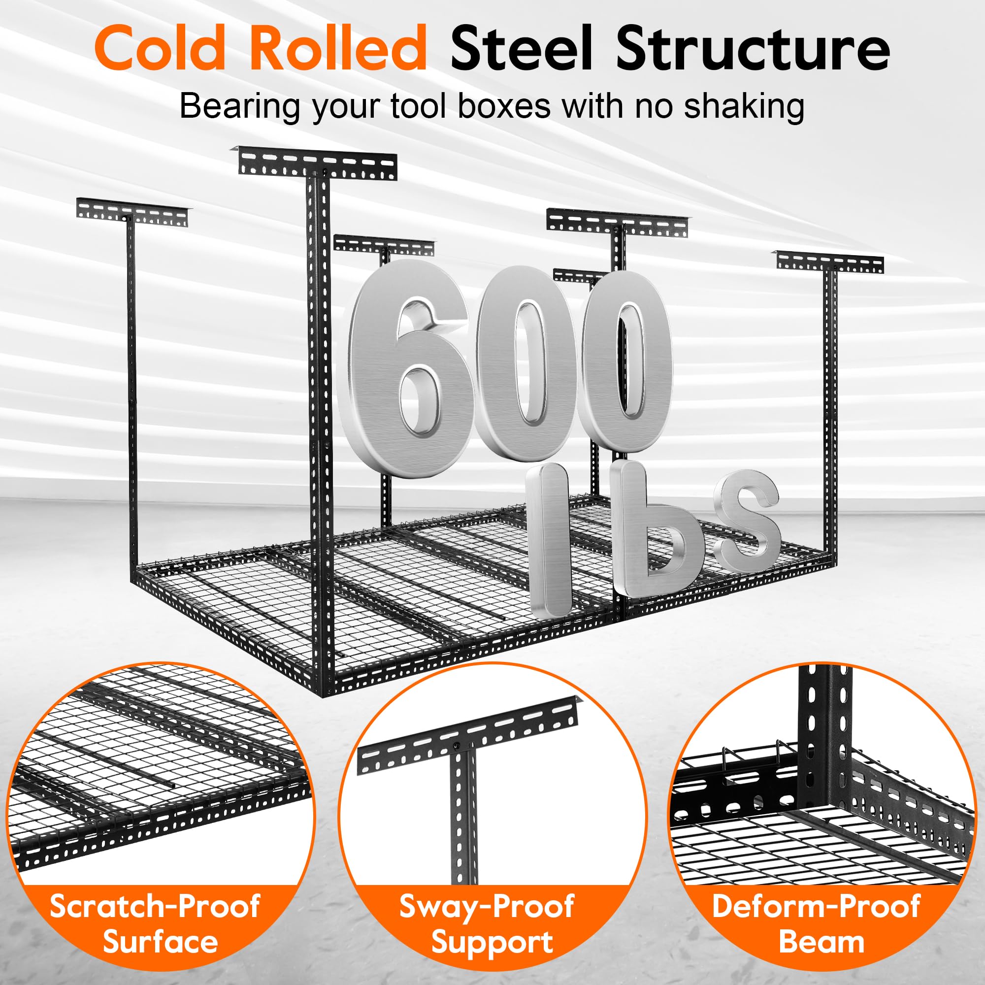 Rengue Overhead Garage Storage Rack, 4 x 8FT Height Adjustable Garage Ceiling Storage Racks, Heavy Duty Cold Rolled Steel Storage Rack for Garage, Warehouse with 4 Hooks