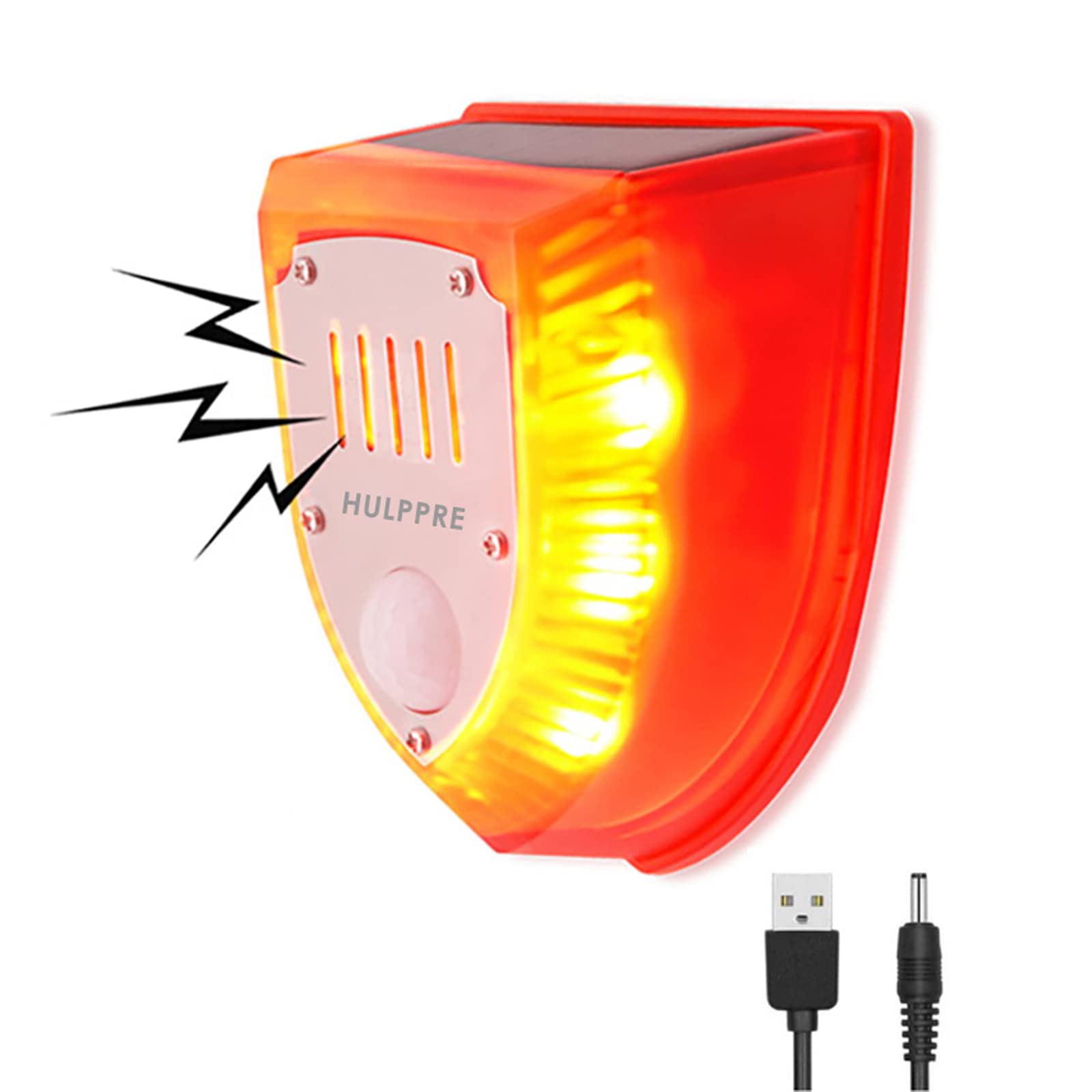 HULPPRE Solar Outdoor Motion Sensor Alarm-Dog Barking&Gunshot Sound,129db Loud Noise Maker,3 Work Modes Strobe Light with USB,Say Goodbye to The Unwanted Explorers