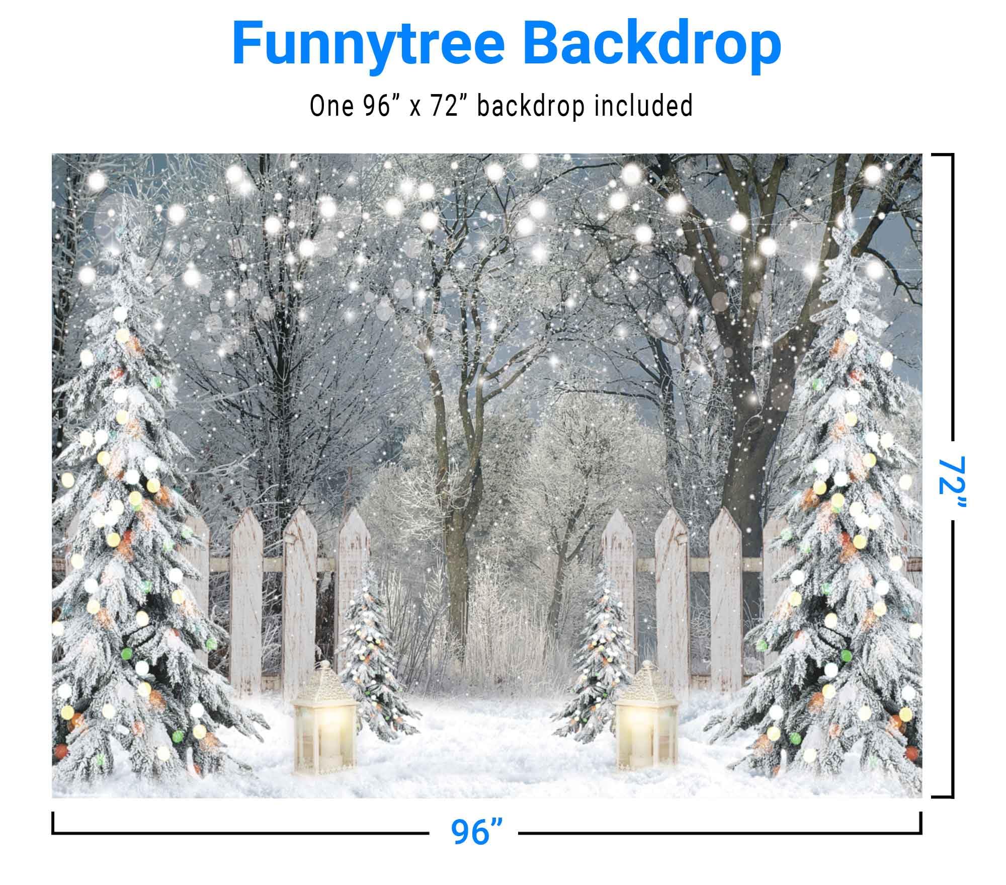 Funnytree 8x6FT Winter Photography Backdrop Glitter Snowy Forest Pine Tree Background Let It Snow Christmas Xmas Holiday Party Decor Banner Portrait Studio Booth Photobooth Props