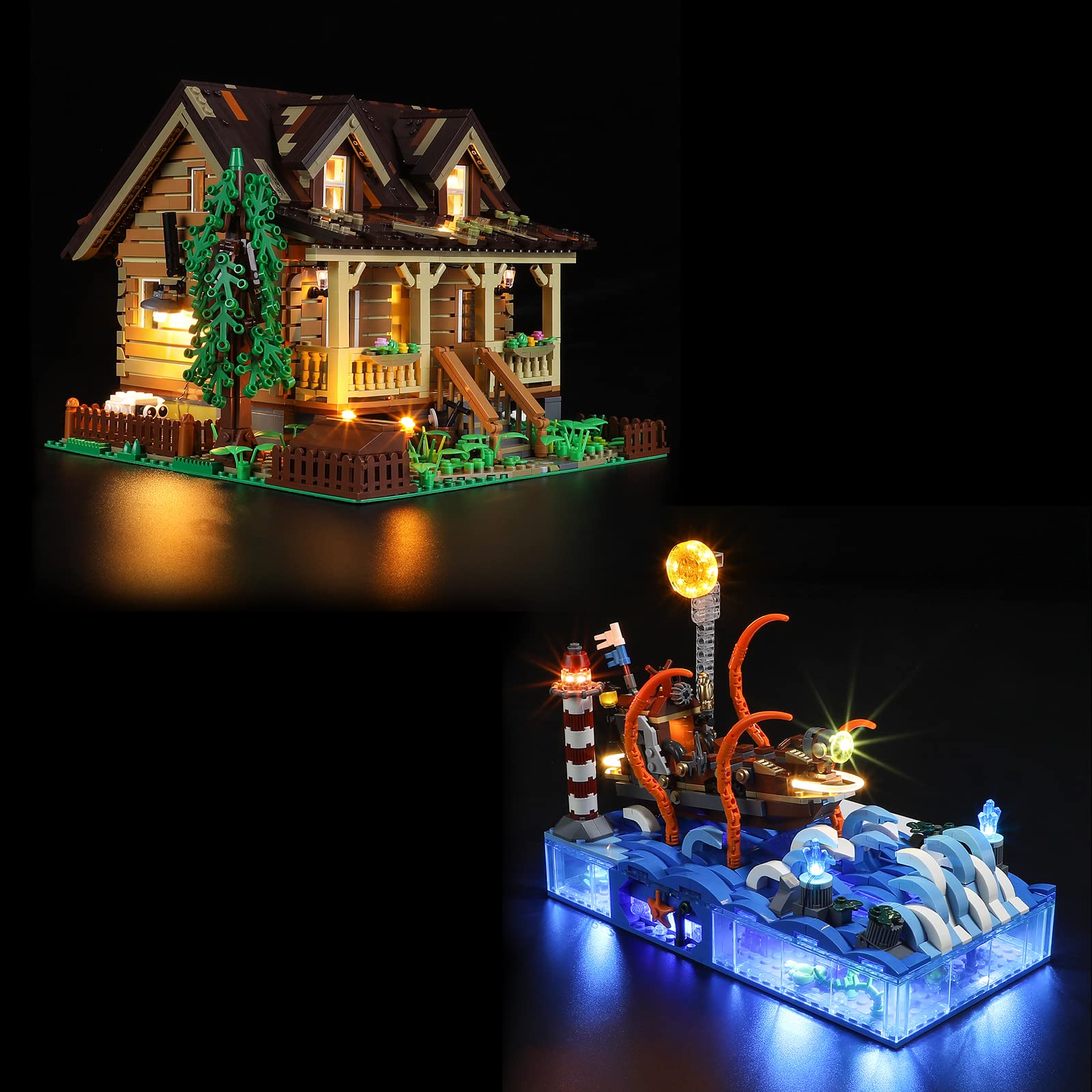 FUNWHOLE Lighting Building Bricks Set - Wood Cabin and Ocean Adventure Ship Construction Model Set for Adults and Teen