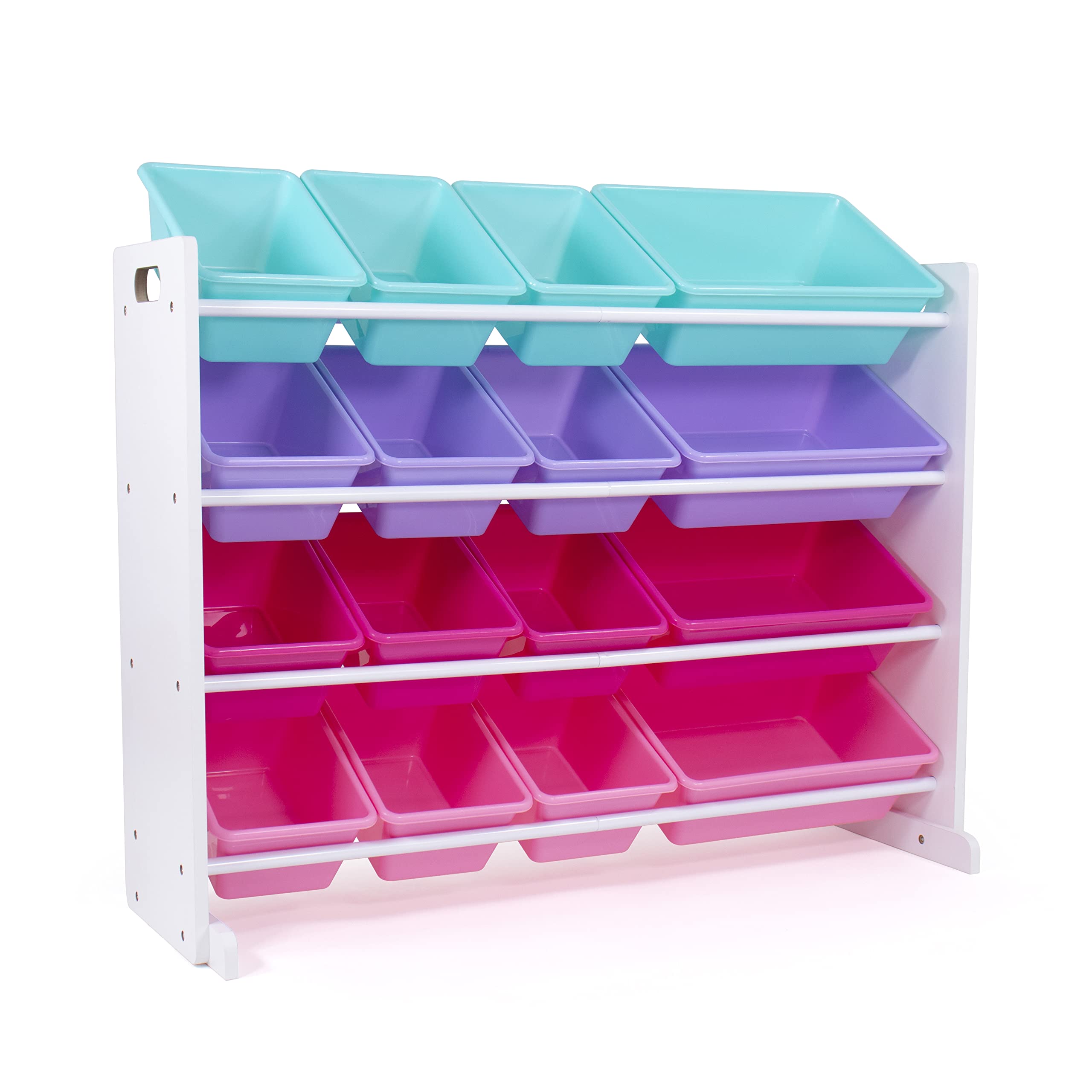 Humble Crew White Table/Pastel Chairs Kids Plastic 4 Set & White/Blue/Pink/Purple Extra-Large Toy Organizer, 16 Storage Bins