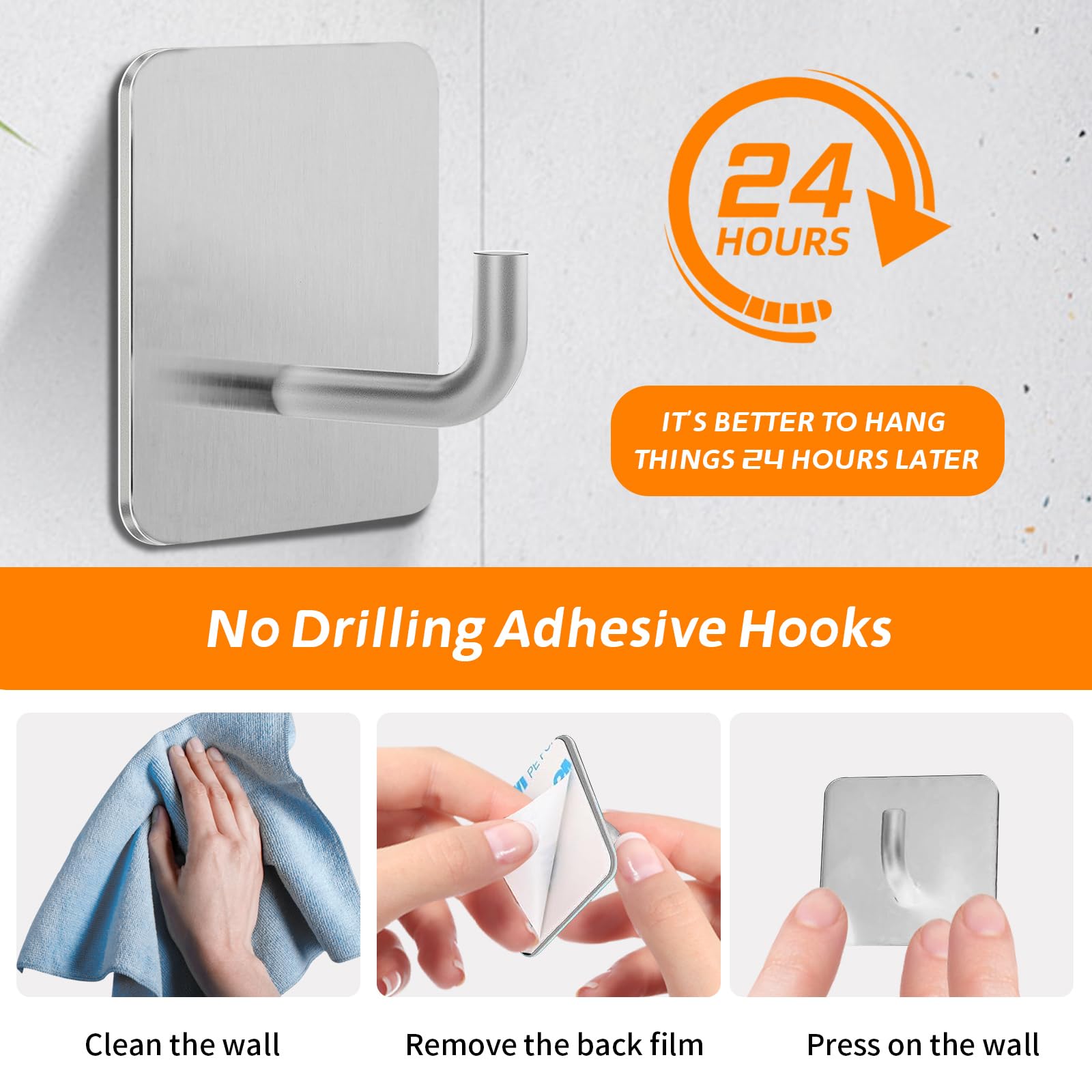 Nukeekee Towel Hook,Towel Rack Wall Mounted with 3M Self Adhesive Hooks, Heavy Duty 304 Stainless Steel Sticky Hooks, for Kitchen Garage Bathroom Accessories,No Drilling (4 Pack) (Silver)