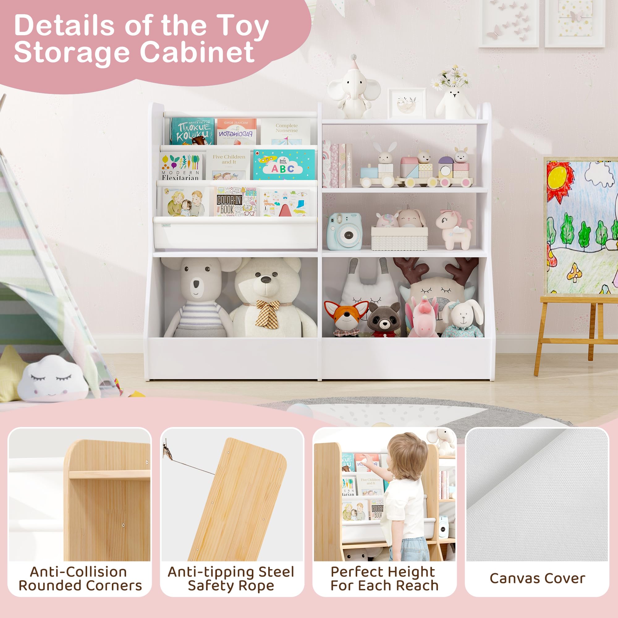 MallBest Kids Bookshelf Toy Storage Organizer Cabinet for Children Book Display 4 Tier Kids Bookshelf 3 Layer Sling Toddler Bookcase Playroom Nursery Classroom Kid Room(White)