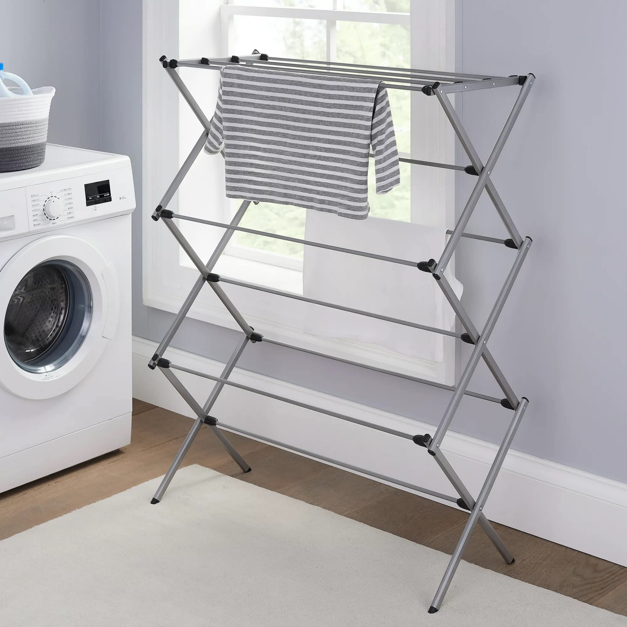 JvziA Oversized Collapsible Steel Laundry Drying Rack, Household Indoor Folding Clothes Drying Rack, Dry Laundry and Hang Clothes,Towel Rack, Sliver