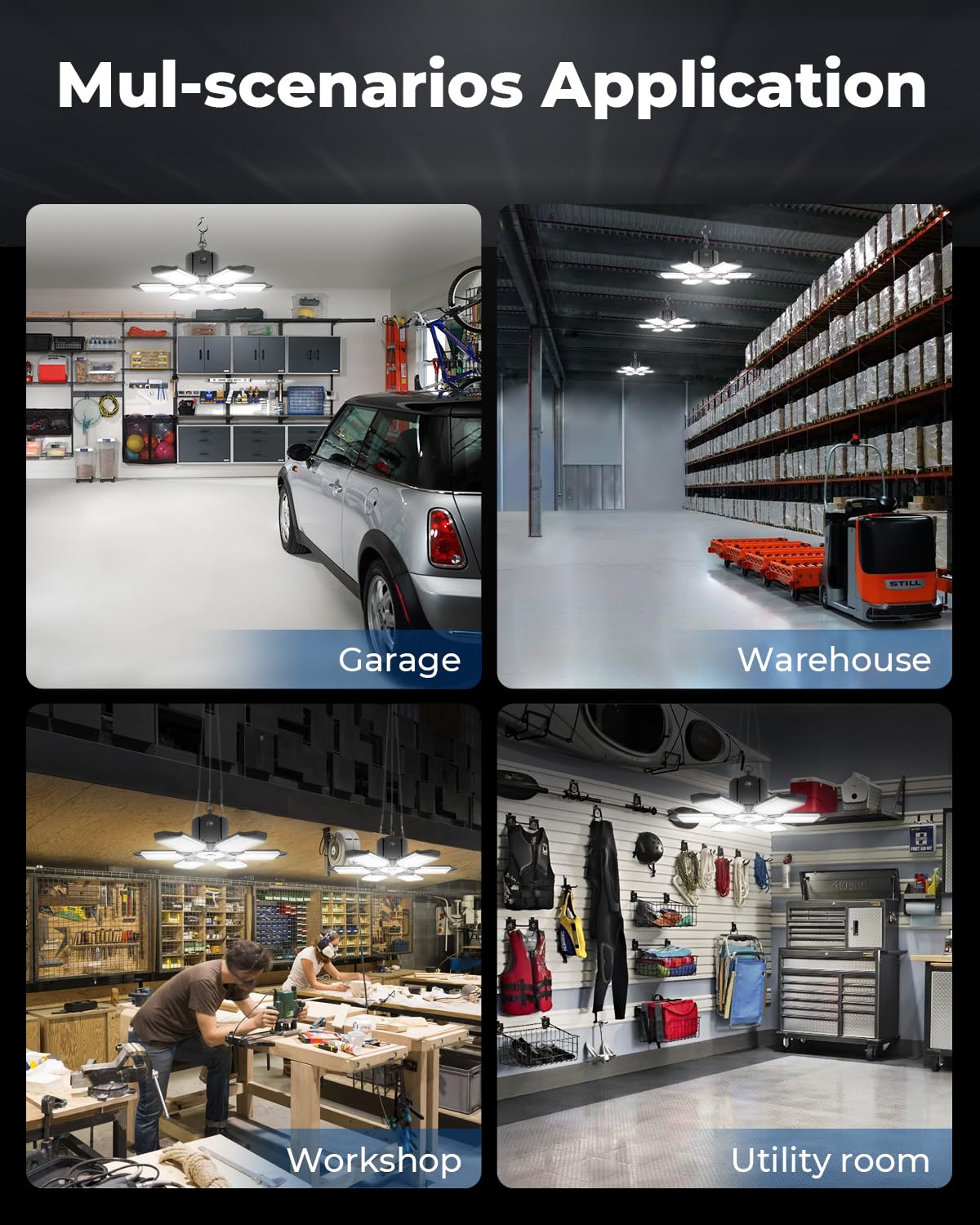 Plug in Garage Light with Motion Sensor - Ultra Bright 200W 20000LM Motion Activated Shop Light with 3 Mode, 6 Deformable LED Panel, 6500K Indoor Motion Light Bulb for Garage, Workshop (1 Pack)